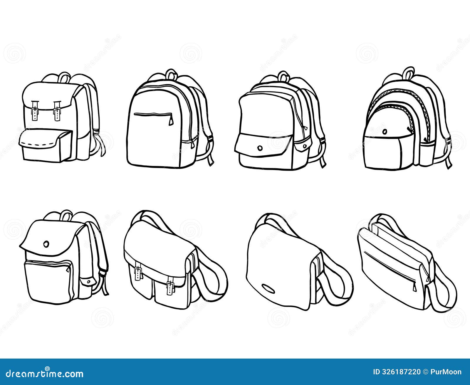 School Bag Line Art Illustration. Hand Drawn School Bag Set Icon Stock ...