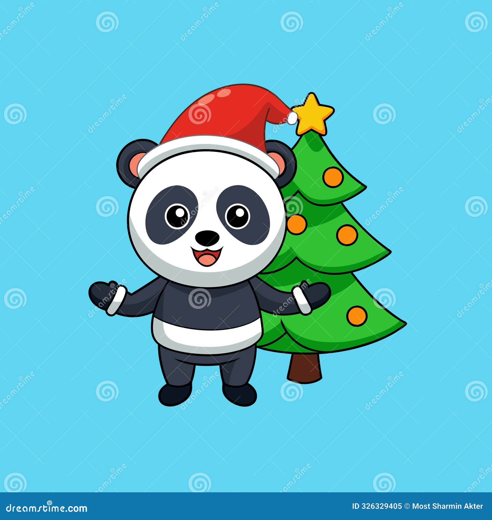 Funny Panda with Christmas Tree Vector Illustration Stock Illustration ...