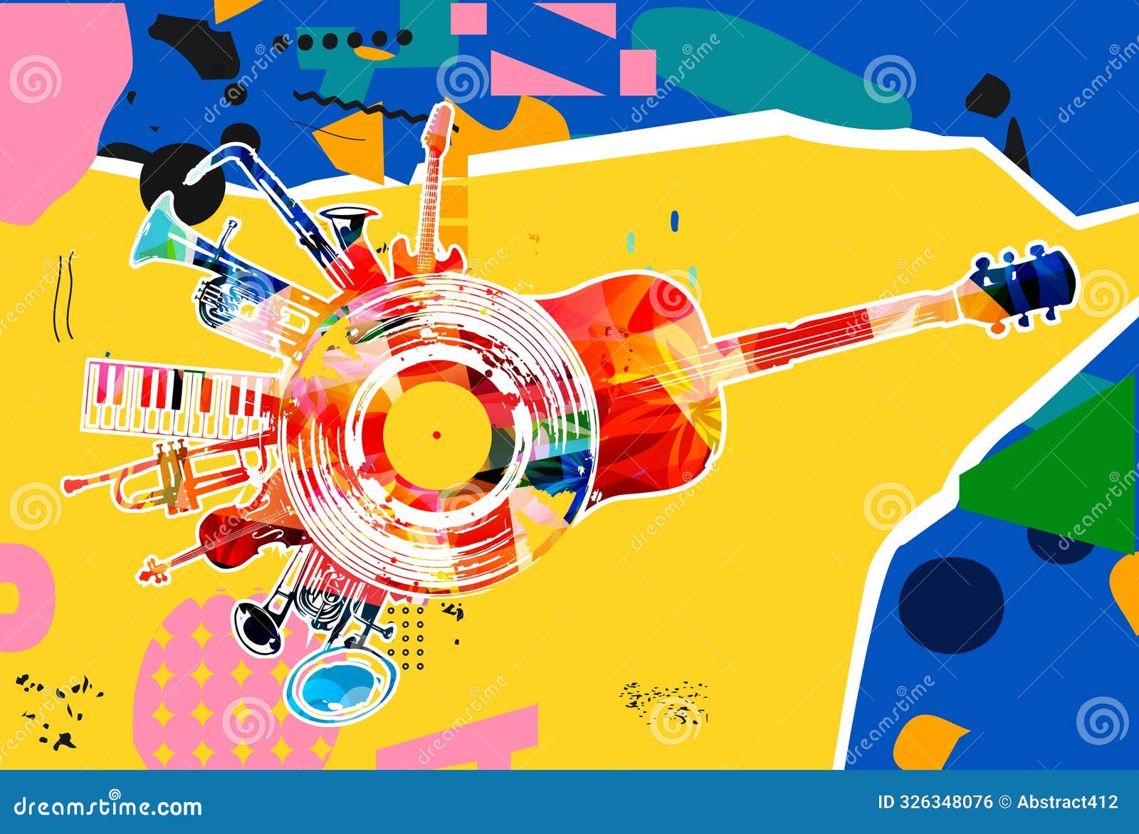 Music Collage Background with Bundle of Musical Instruments. Stock ...