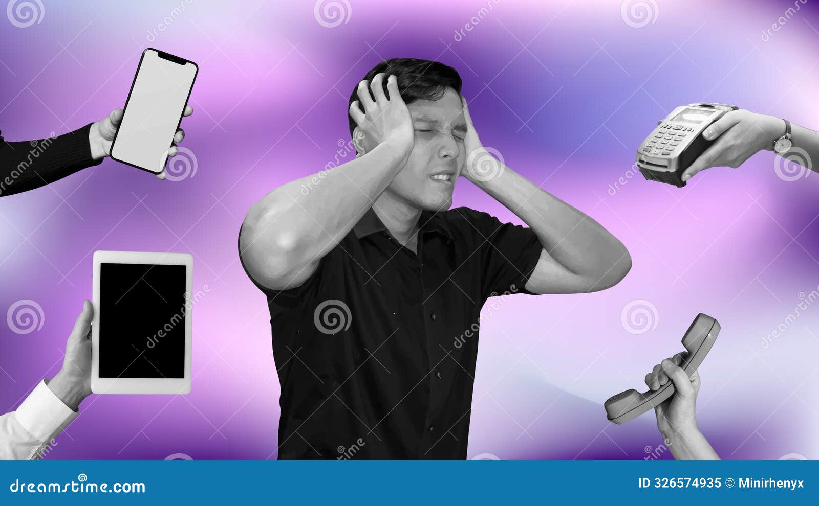 Man Stressed Out Overwhelmed by Work and Technology Collage Concept ...
