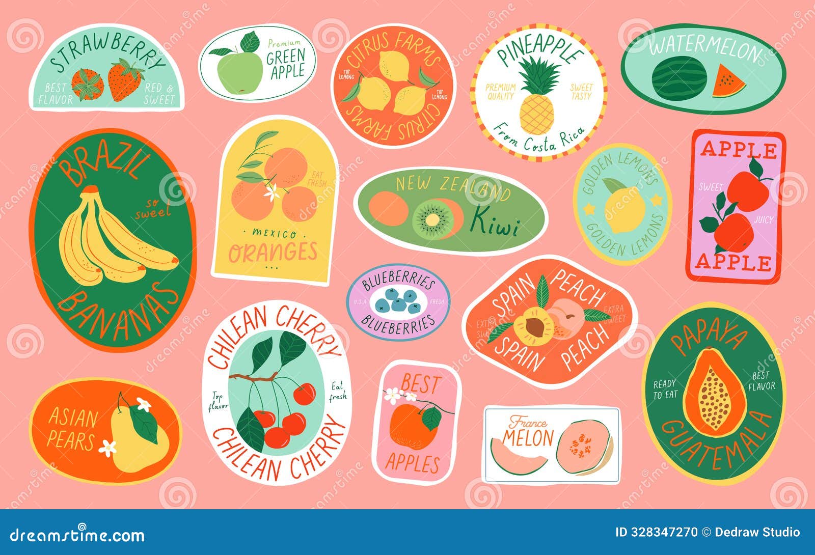 Set of Vintage Fruit Label Sticker Cartoon Illustration Stock ...