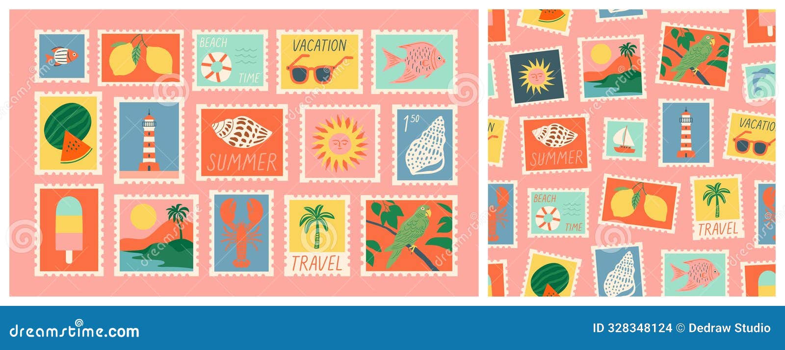 Set of Vintage Summer Post Card Stamp Seamless Pattern Stock ...