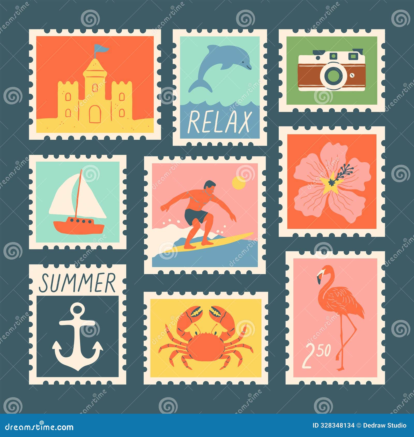 Set of Vintage Summer Post Card Stamp Illustration Stock Vector ...