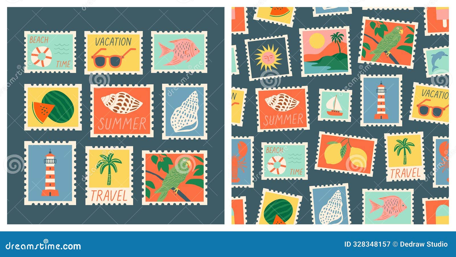 Set of Vintage Summer Post Card Stamp Seamless Pattern Stock ...