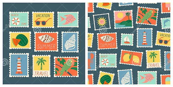 Set of Vintage Summer Post Card Stamp Seamless Pattern Stock ...