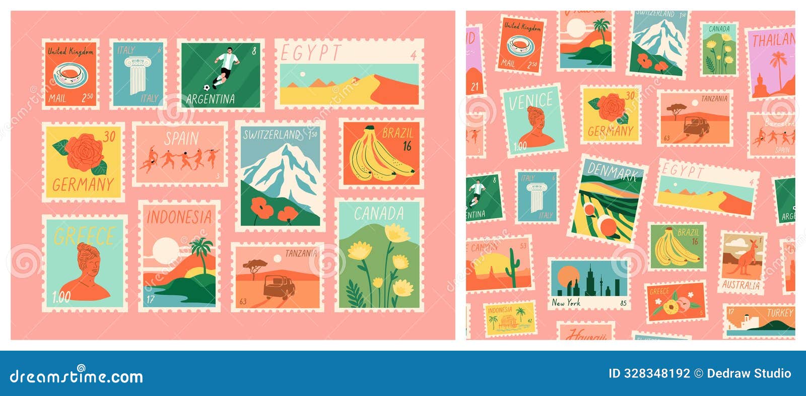 Vintage World Travel Post Card Stamp Seamless Pattern Set Stock Vector ...