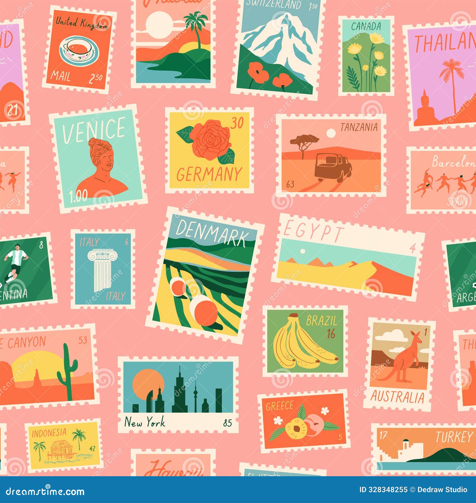 Vintage World Travel Post Card Stamp Seamless Pattern Stock Vector ...