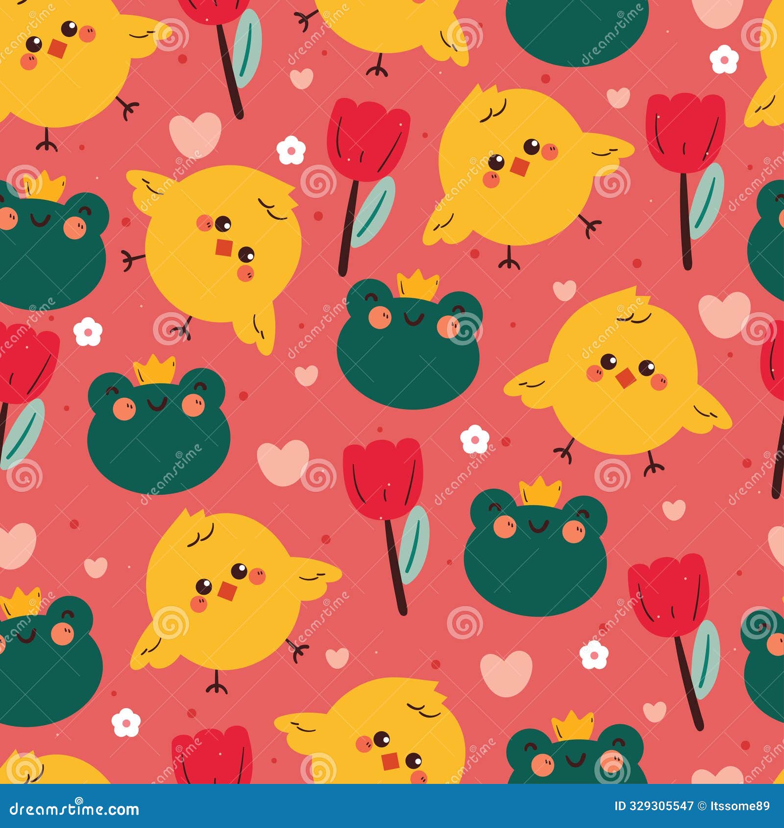 Seamless Pattern Cartoon Chick and Frog with Flower Stock Vector ...