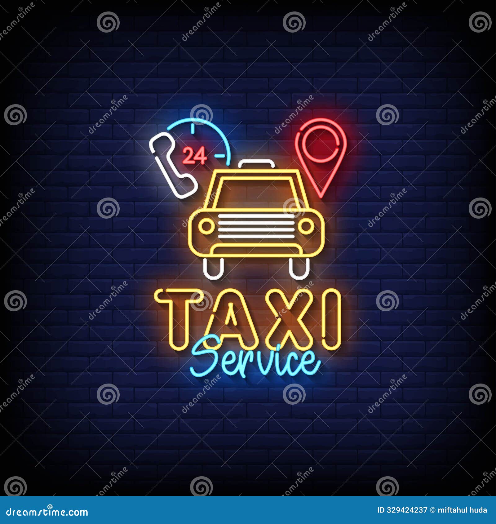 Taxi Service Neon Sign Vector with Brick Wall Background Stock ...