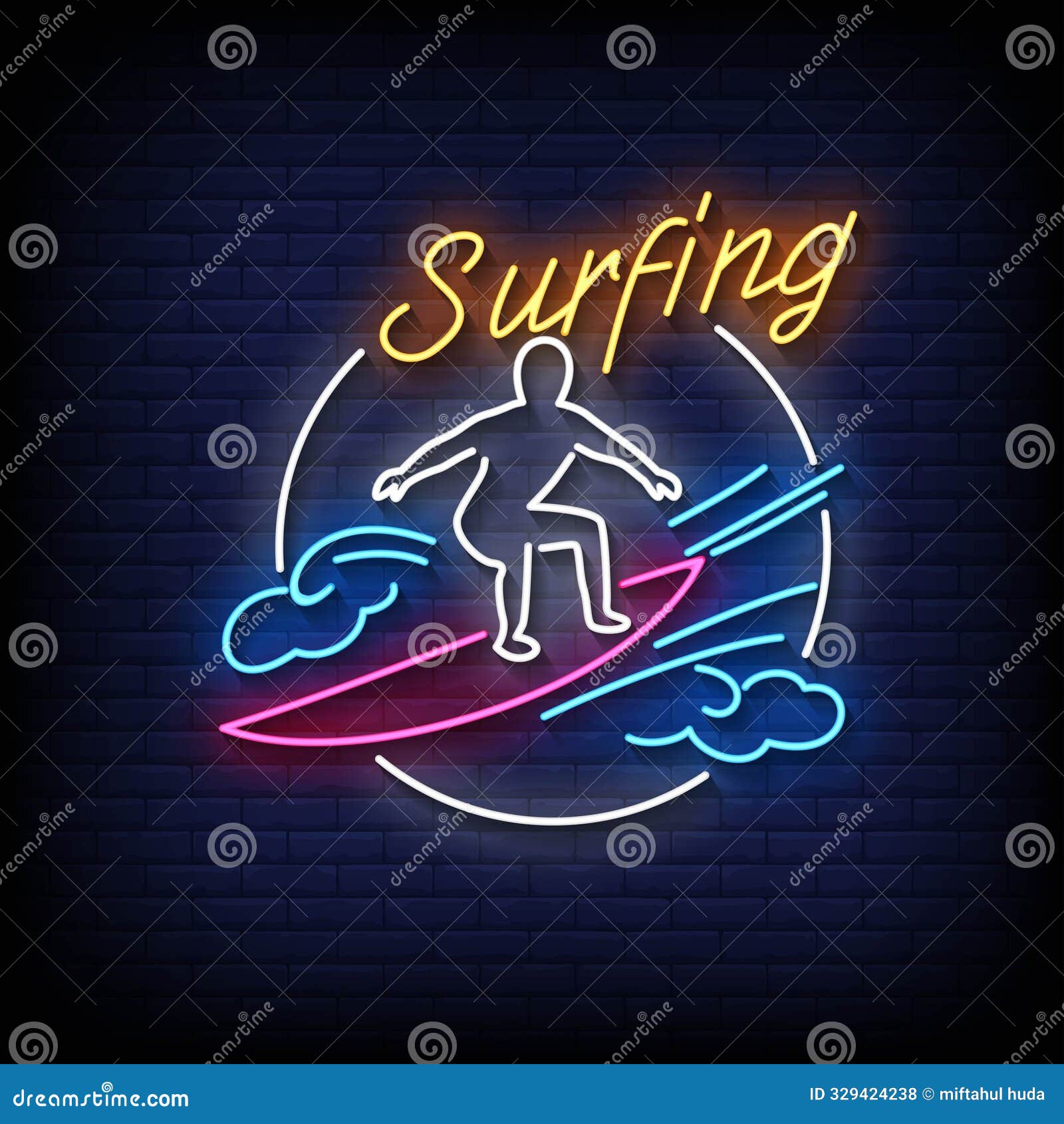 Surfing Neon Sign Vector with Brick Wall Background Stock Illustration ...