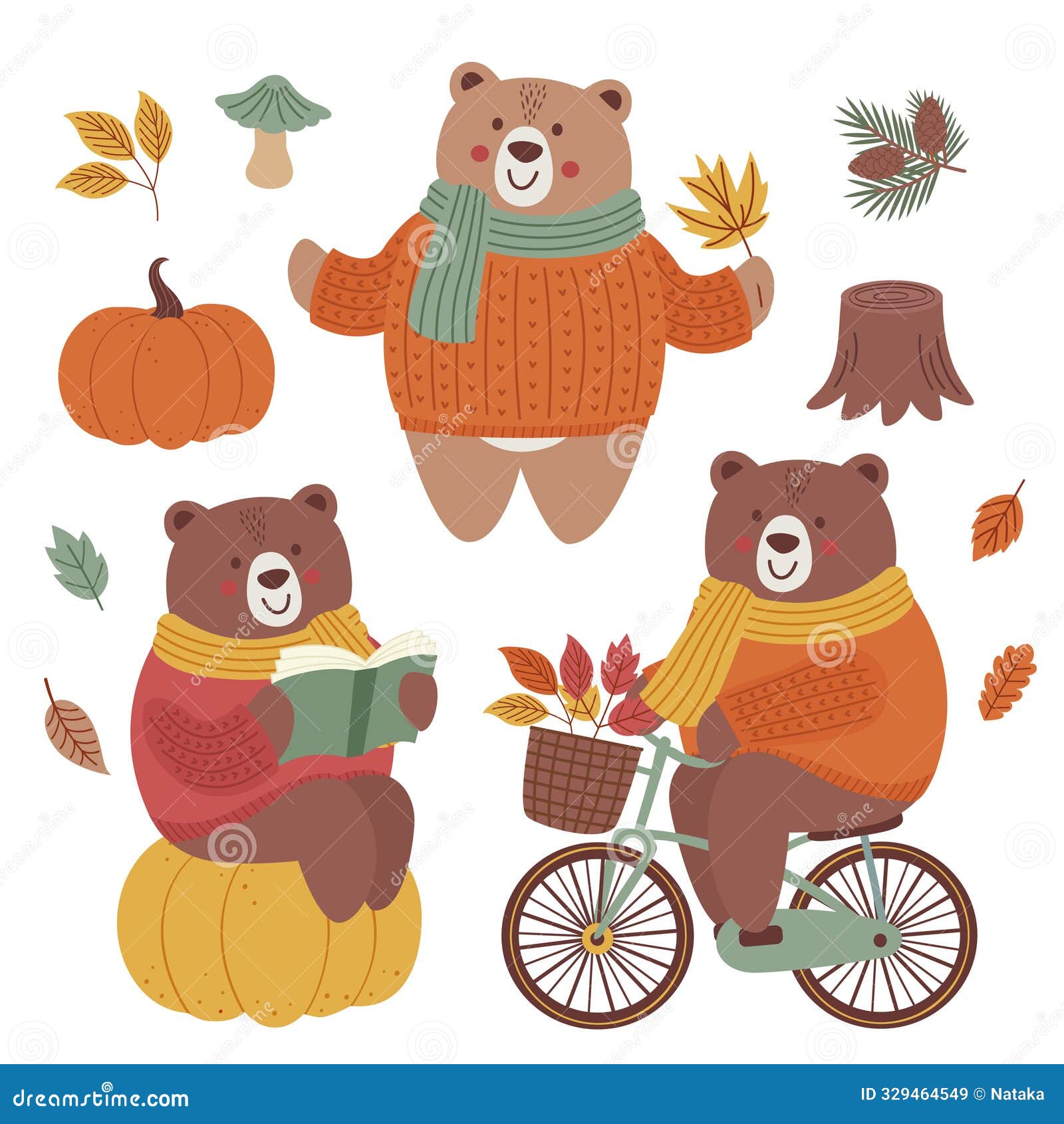 Set of Isolated Cute Autumn Bears and Leaves Stock Illustration - Illustration of fall, leaf ...