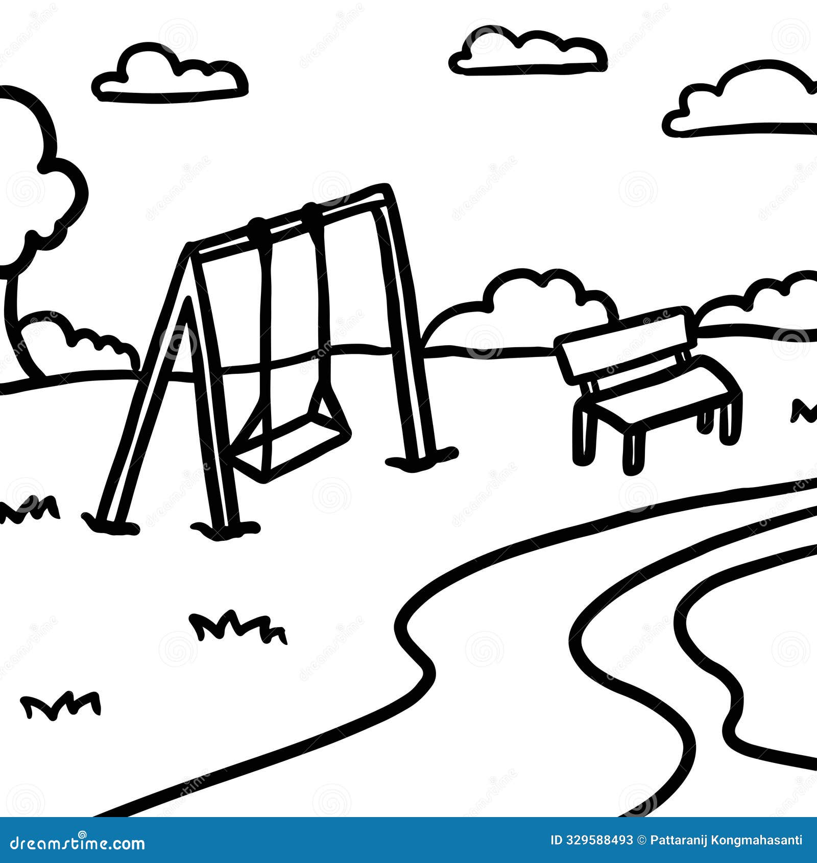 Hand Drawn Outline of Kid Playground in the Park with Slider, Bench ...