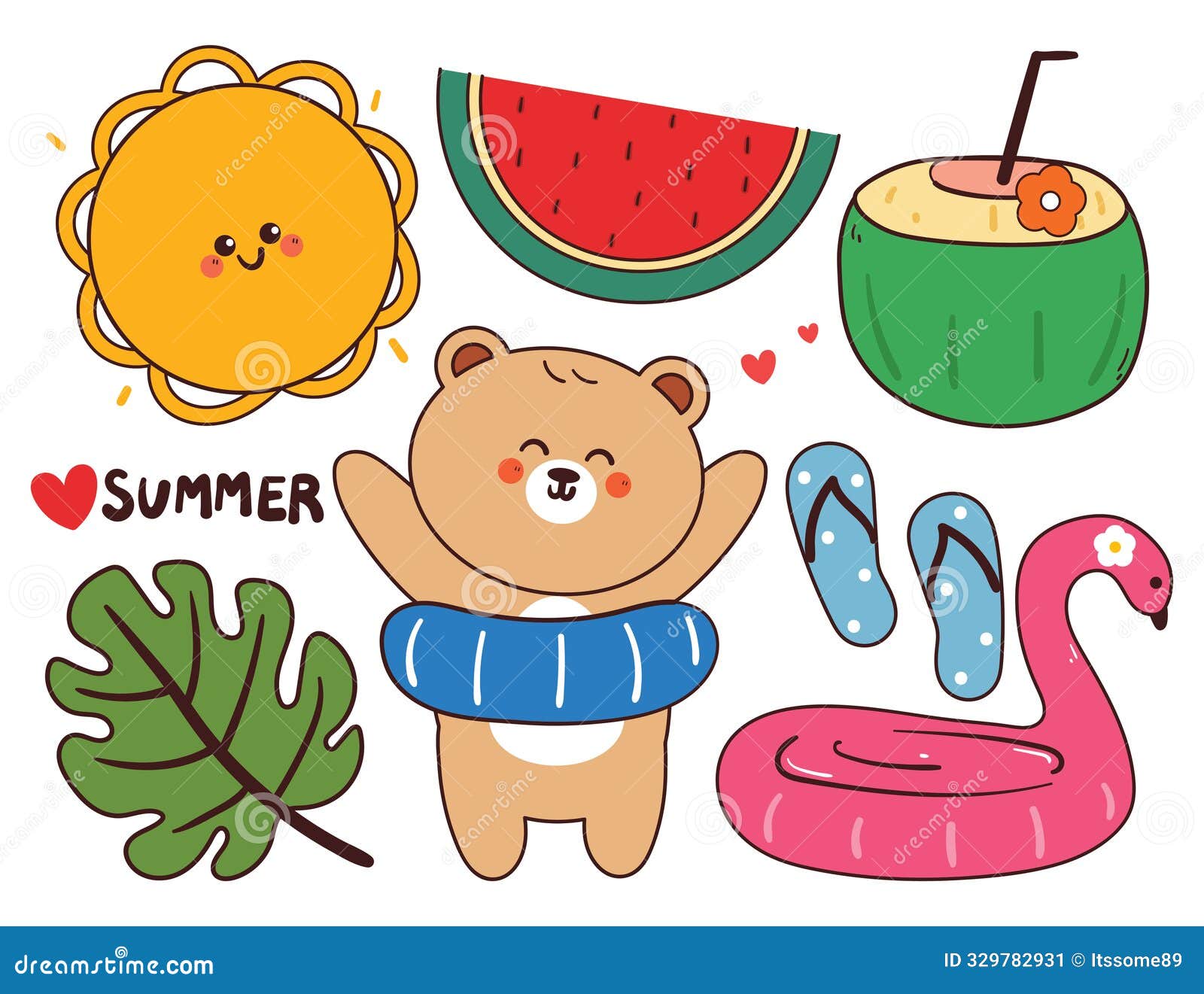Hand Drawing Cartoon Summer Sticker Set Stock Illustration ...