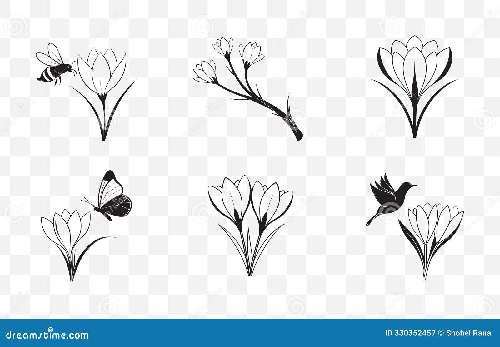Print Elegant Crocus Flower Line Art Vector Set Perfect for Botanical ...