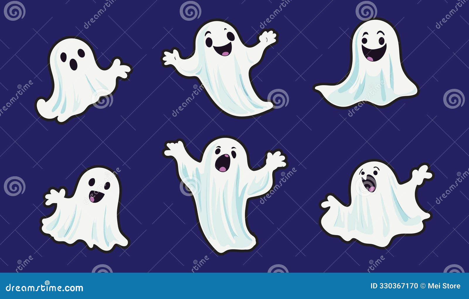 Set of Flat Cute Little Cartoon Ghosts Flying, Dancing and Having Fun ...