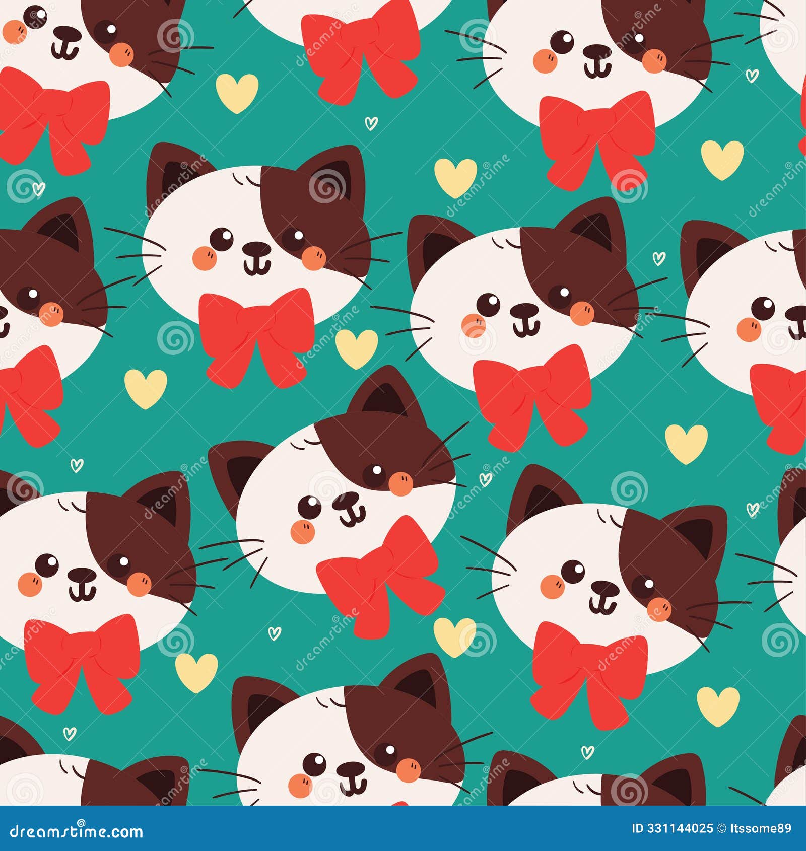 Seamless Pattern Cartoon Cat Wearing Big Red Ribbon Stock Illustration ...