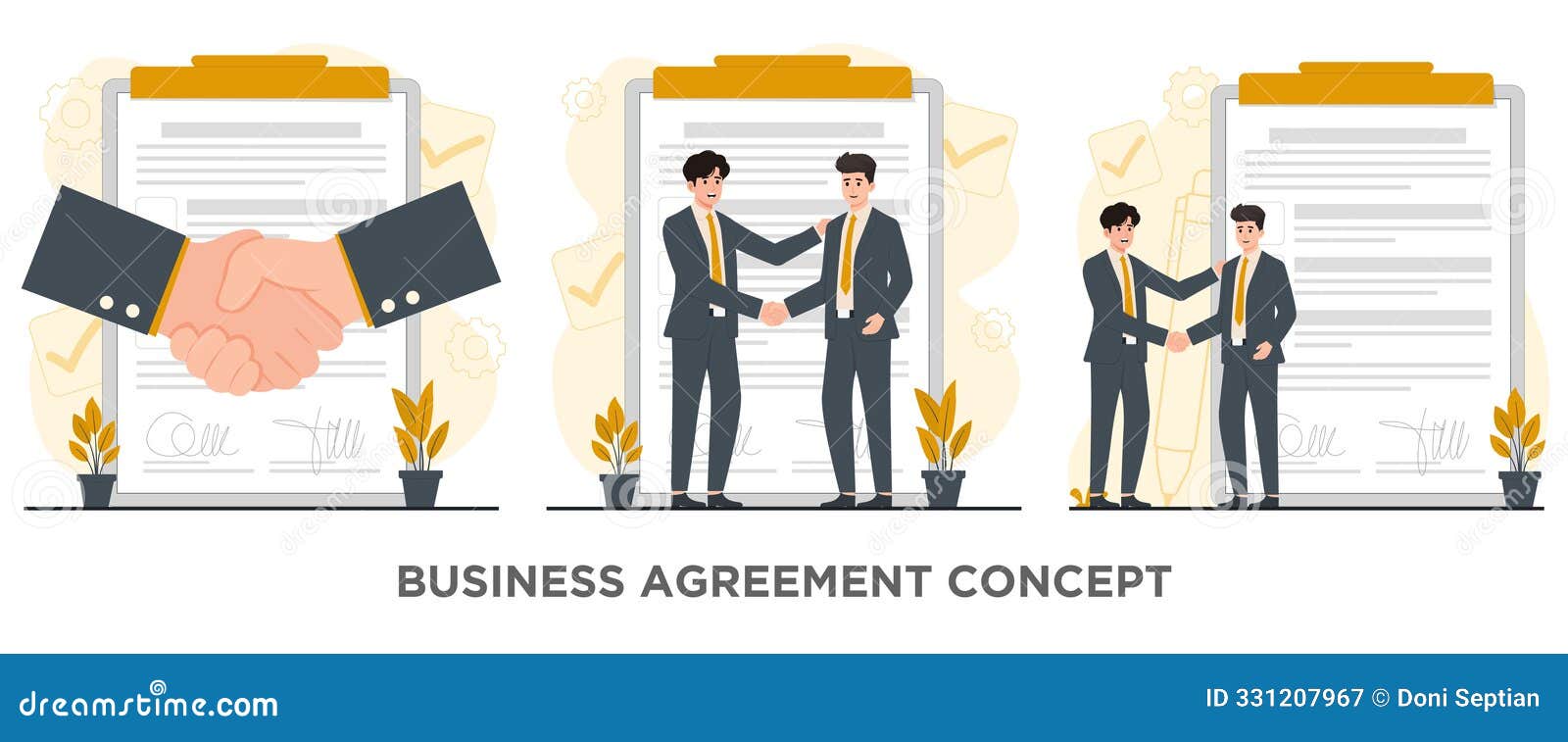 Business Agreement Concept with Set of Handshake and Contract Vector ...