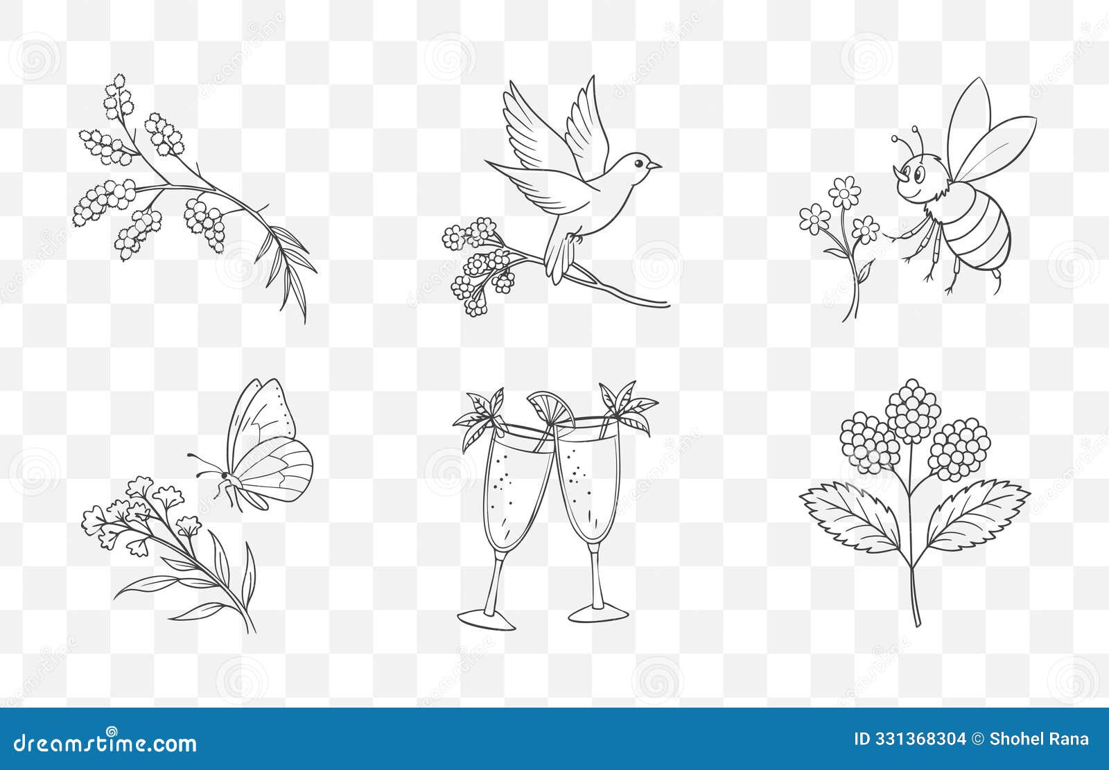 Print Mimosa Flower Line Art Vector Set Detailed Botanical ...