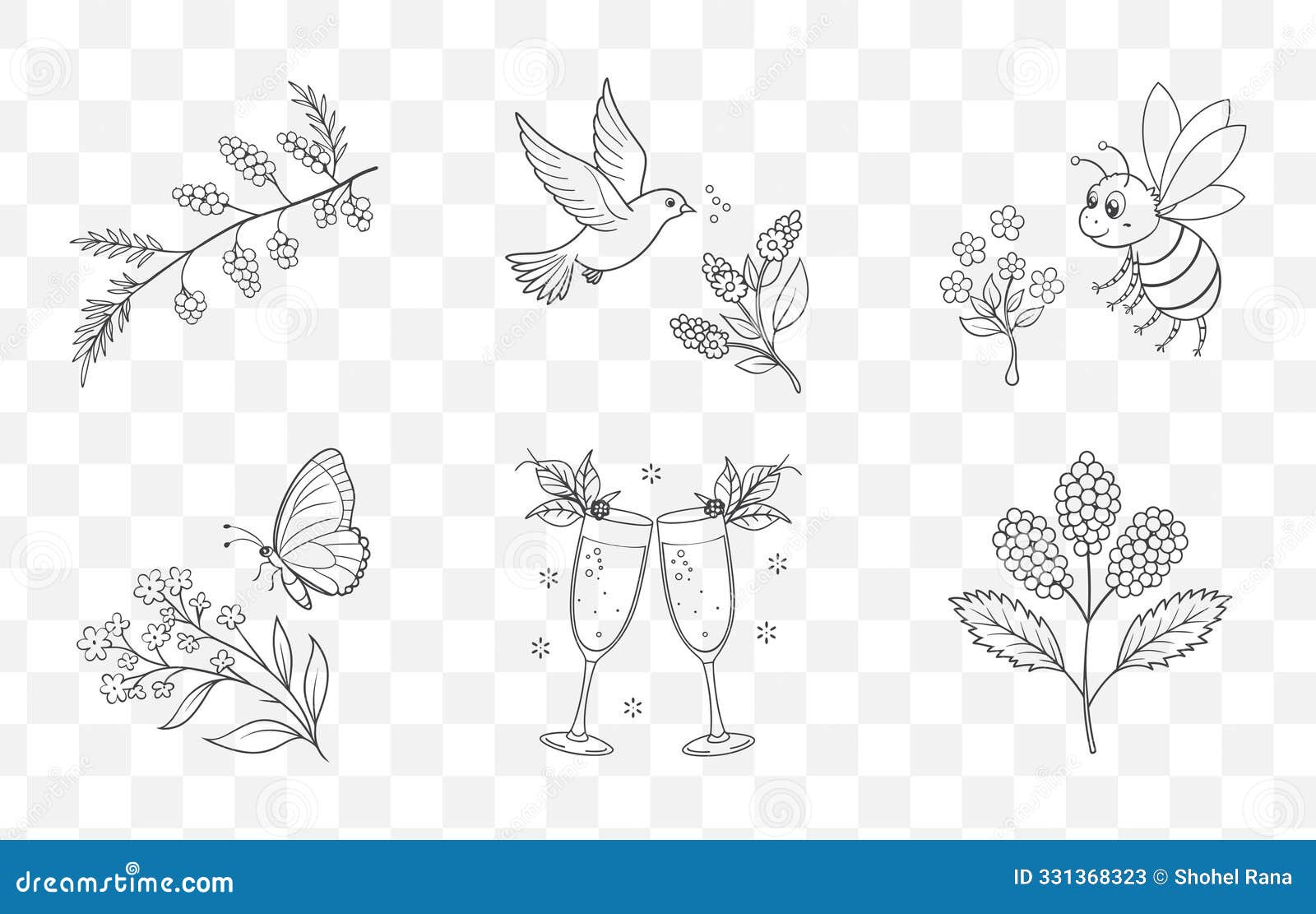 Print Mimosa Flower Line Art Vector Set Detailed Botanical ...