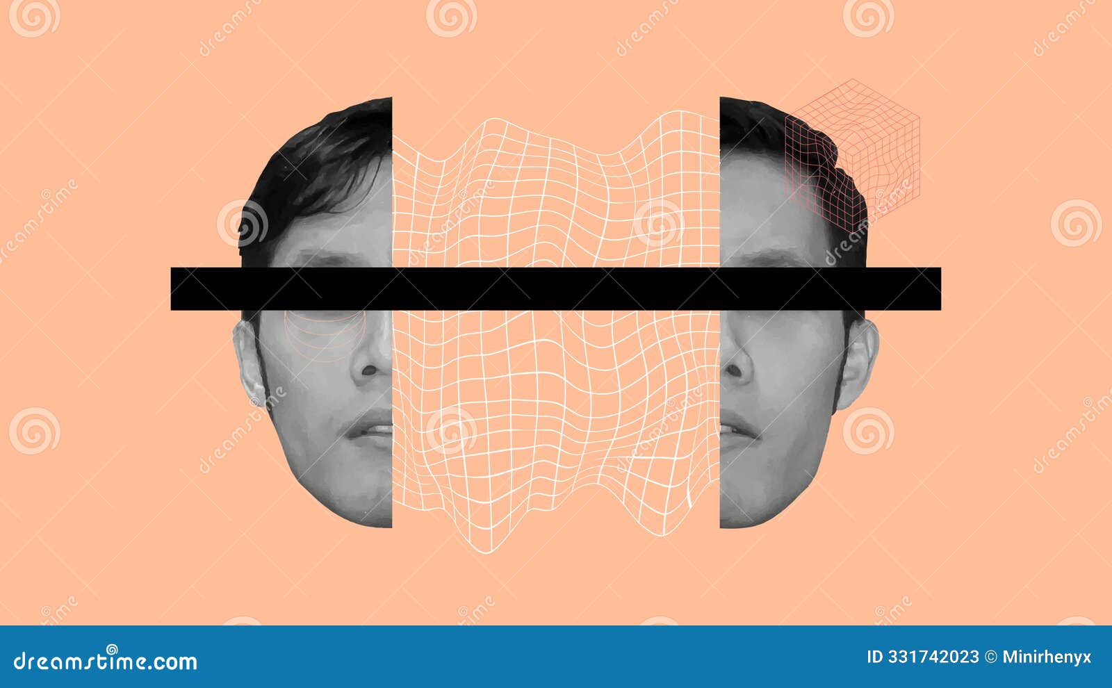 Abstract Surreal Portrait with Distorted 3D Grid Mesh and Cubic ...