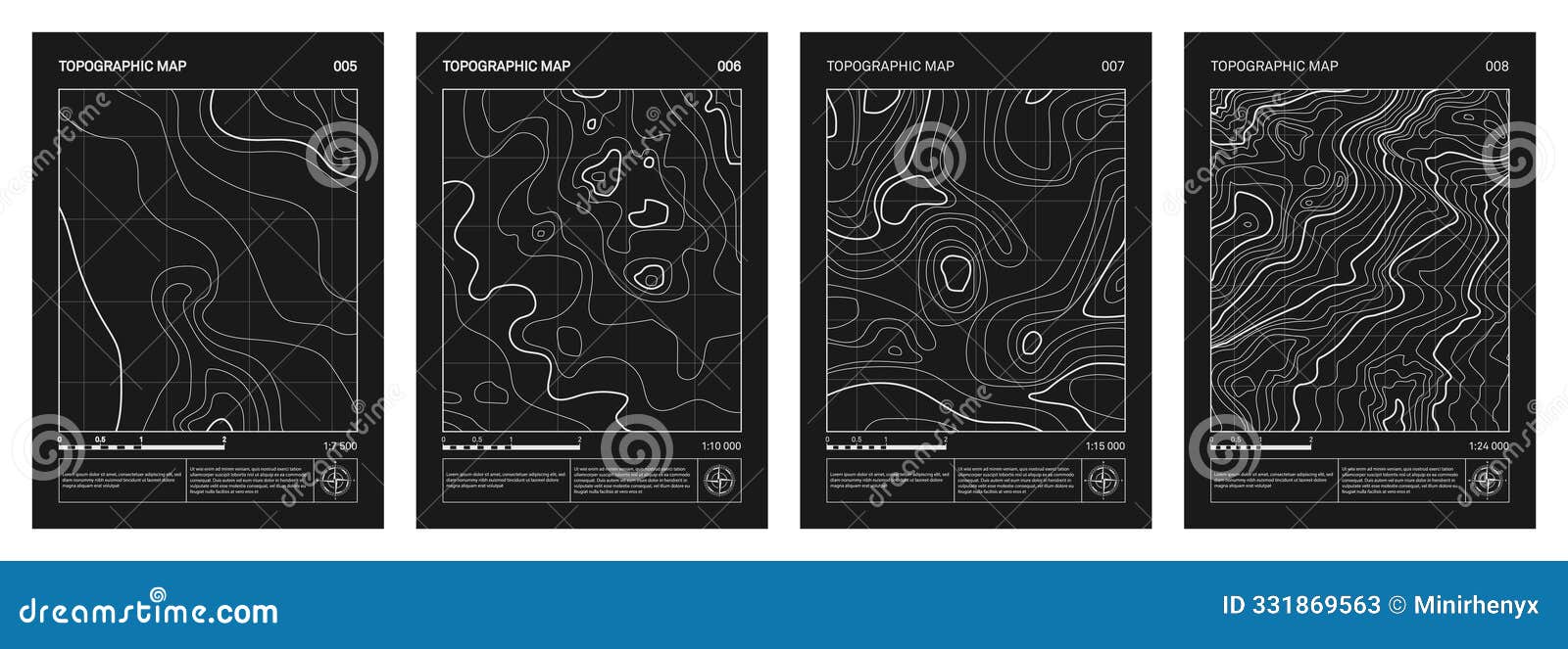 Retro Futuristic Topographic Map, Relief Contour Posters Set Stock ...