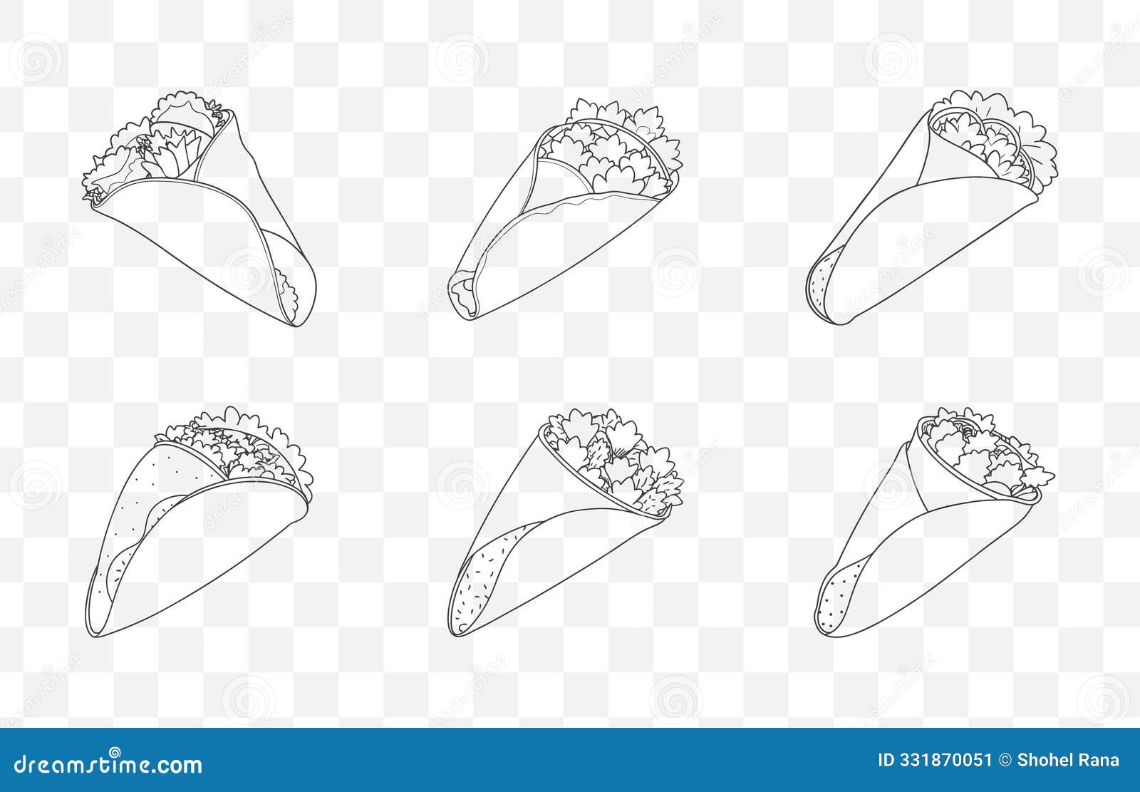Print Burrito Line Art Vector Set with Various Burrito Illustrations ...