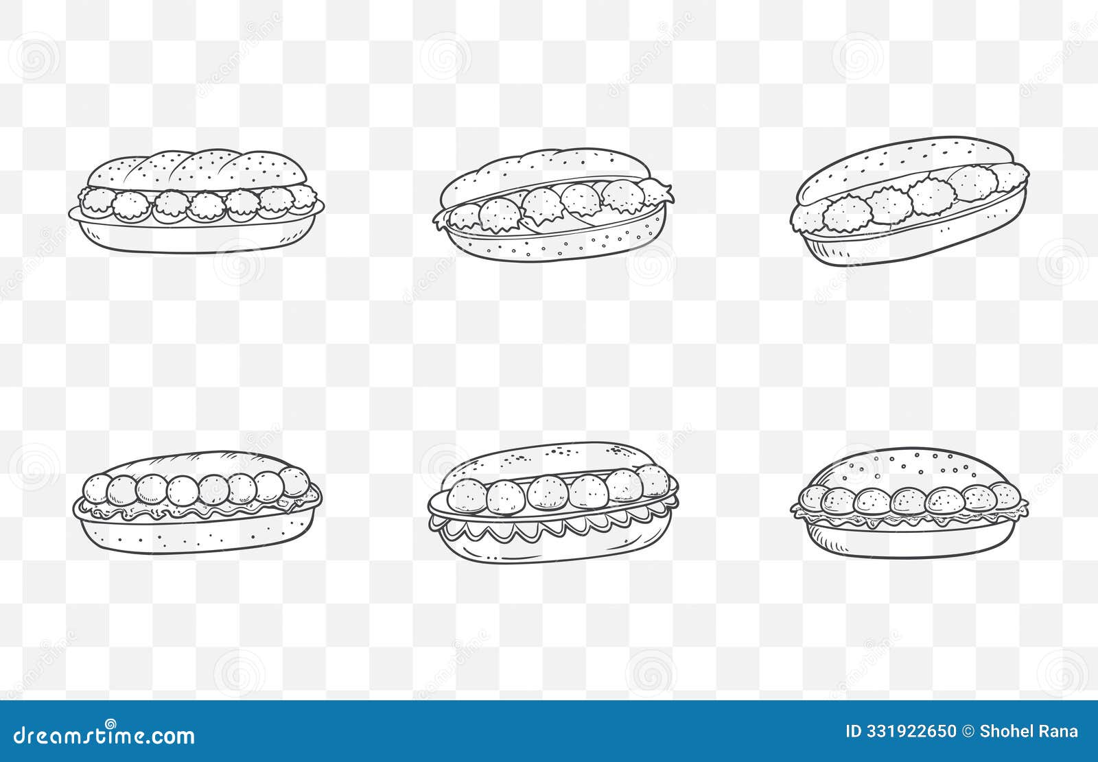 Print Detailed Meatball Sub Line Art Vector Set with High Quality ...