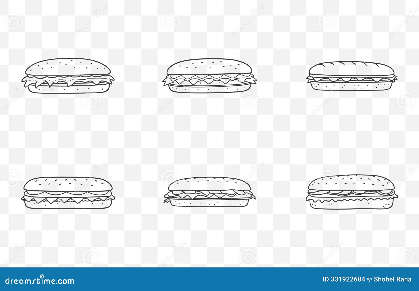Print Submarine Sandwich Line Art Vector Set Detailed and Creative ...