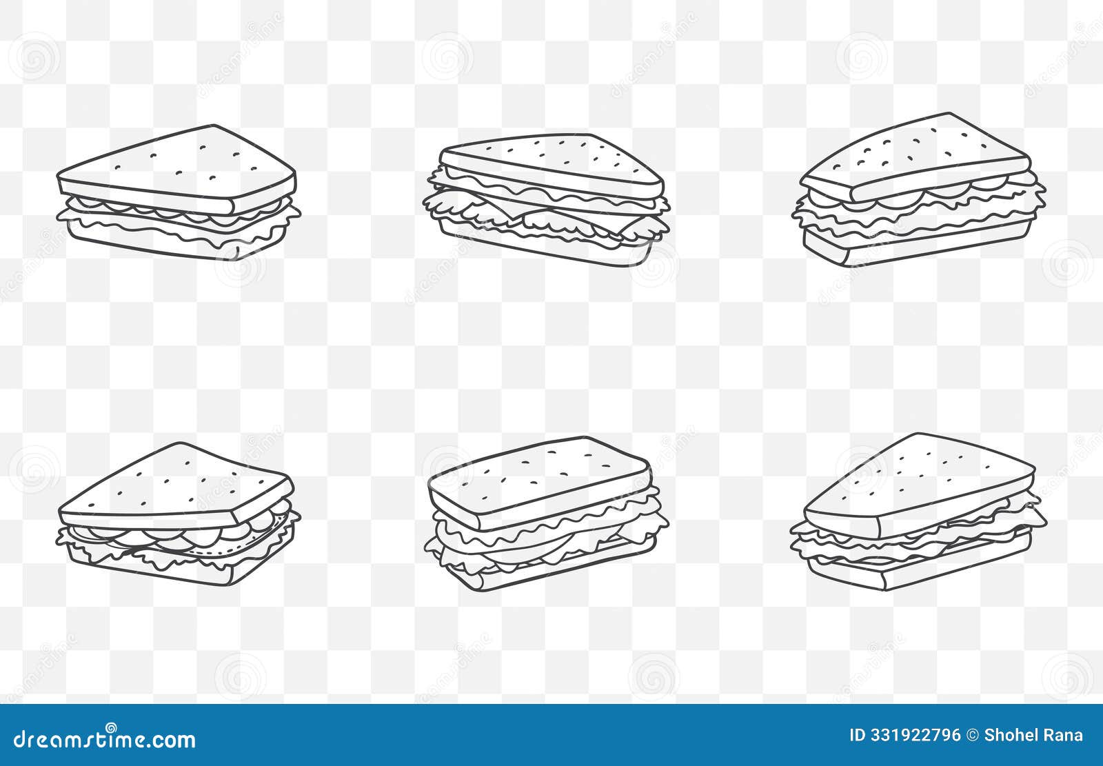 Print Classic BLT Sandwich Line Art Vector Set Featuring Bacon Lettuce ...