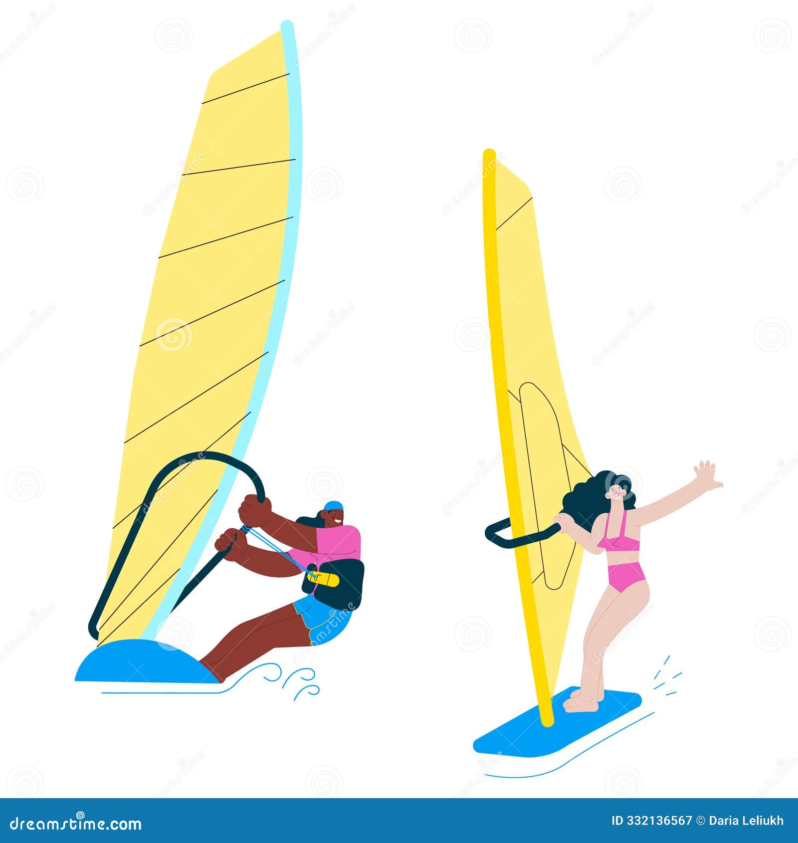 Windsurfing Illustrations Duet. Happy Females Windsurfing, Standing on a Sail Board. Advanced ...