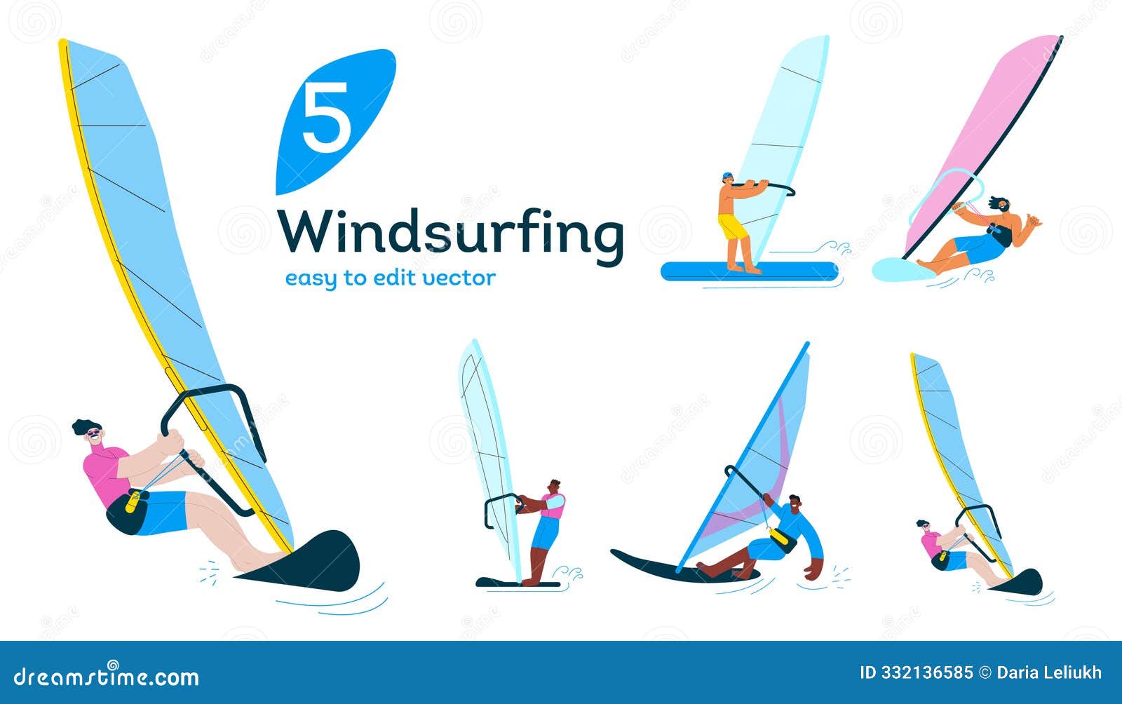 Windsurfing Illustrations Collection. Happy Males Windsurfing, Standing ...