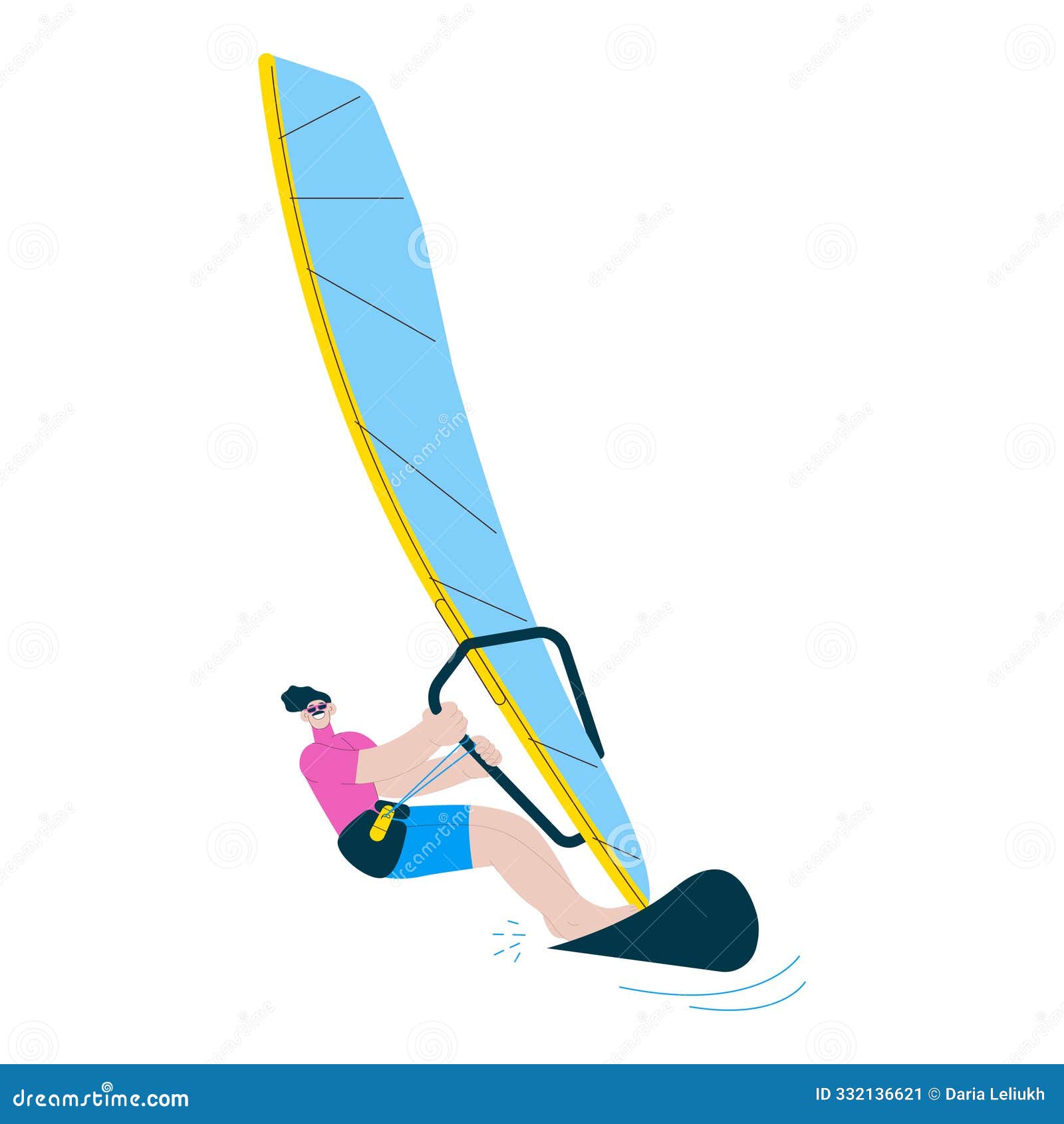Man Windsurfing, Standing On Board With Sail On Waves. Windsurfer ...