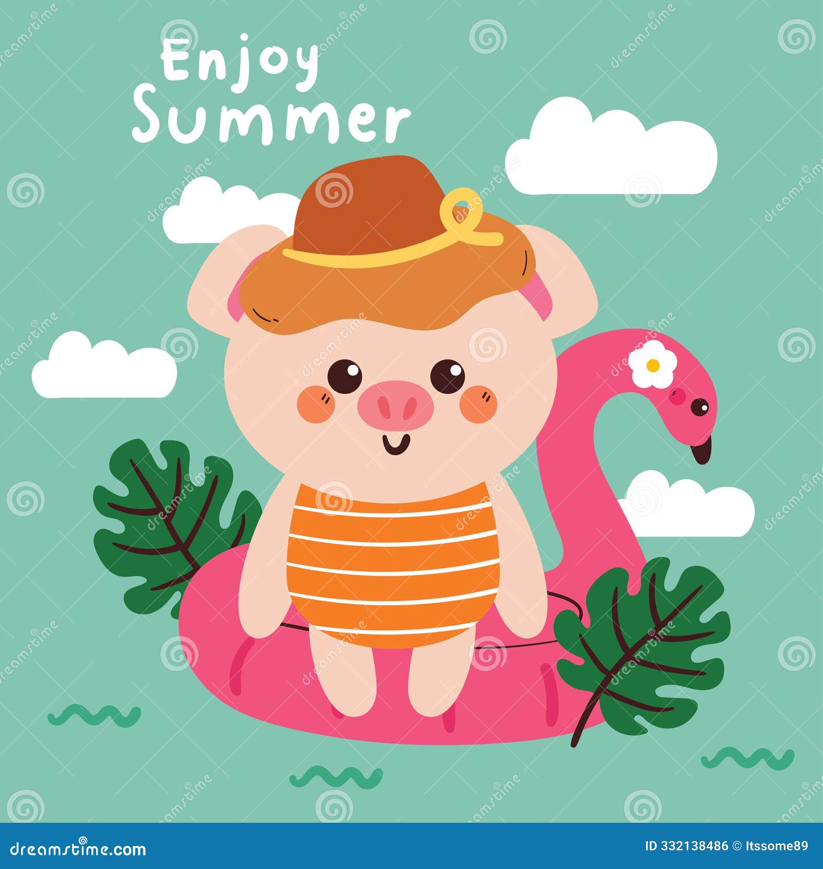 Cute Card with Cartoon Pig at the Beach Stock Illustration ...