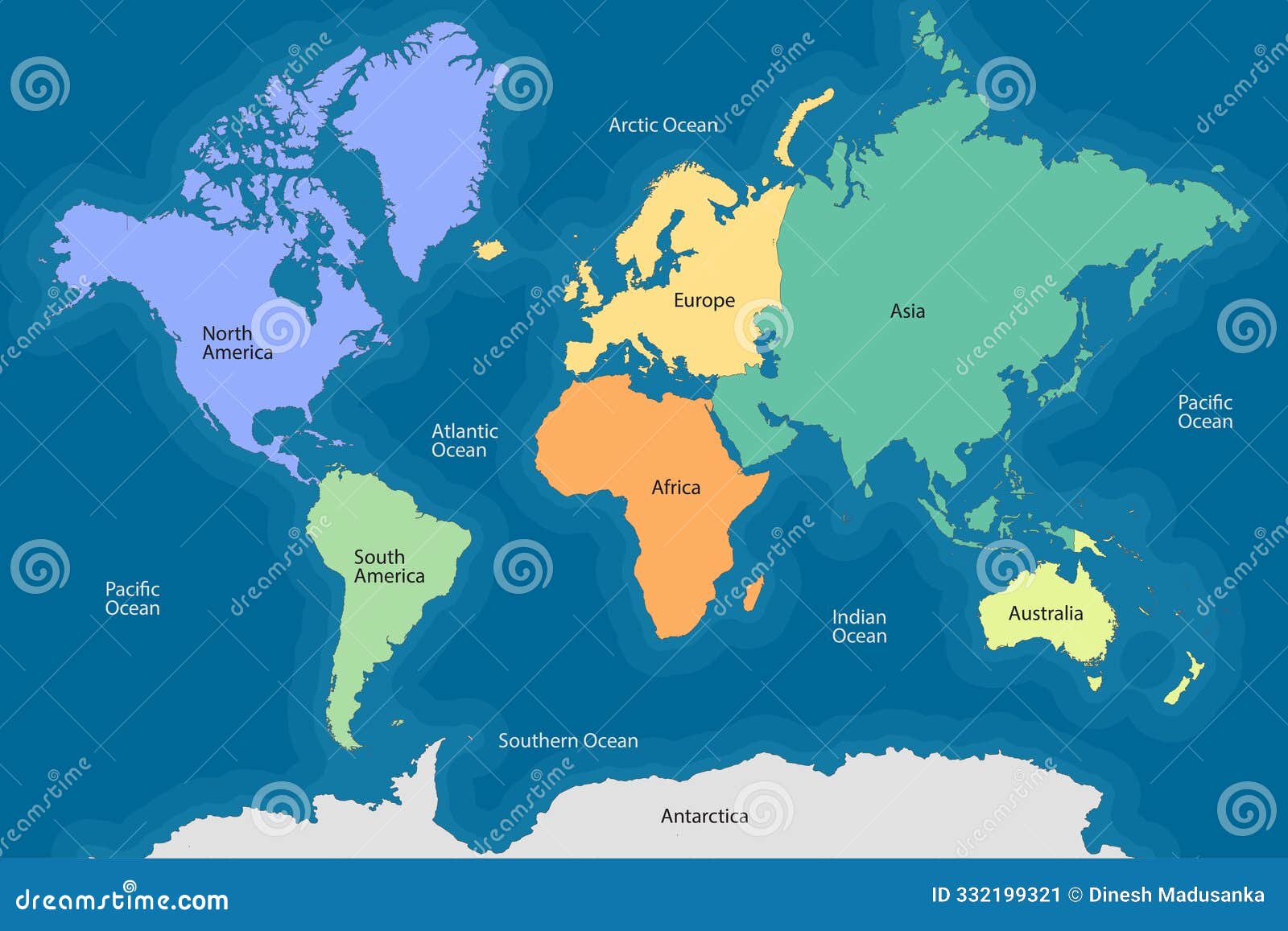 World Map Continents and Oceans Vector Stock Vector - Illustration of ...