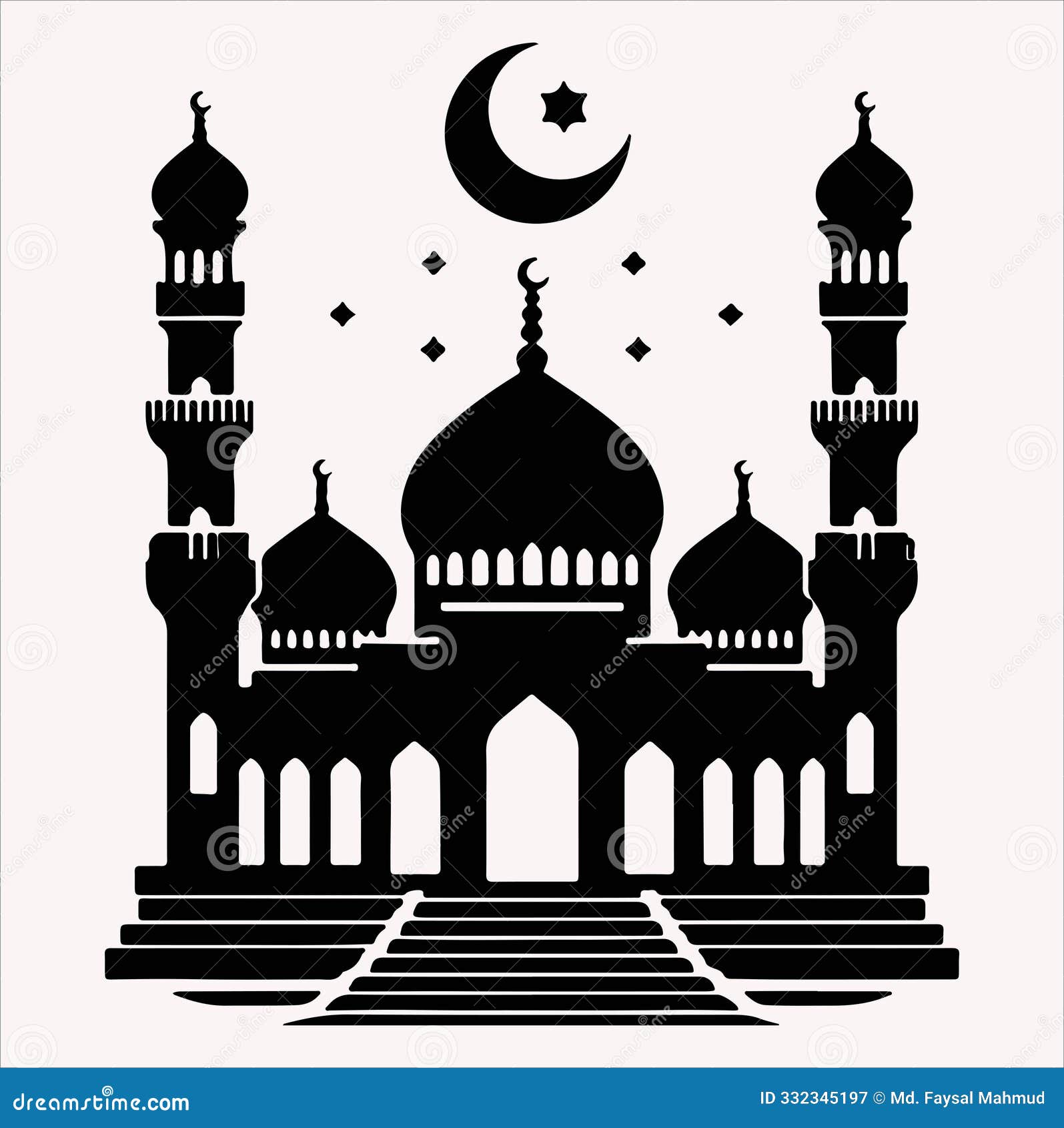 Minimal Mosque Vector Art Illustration, Silhouette On Black, White ...