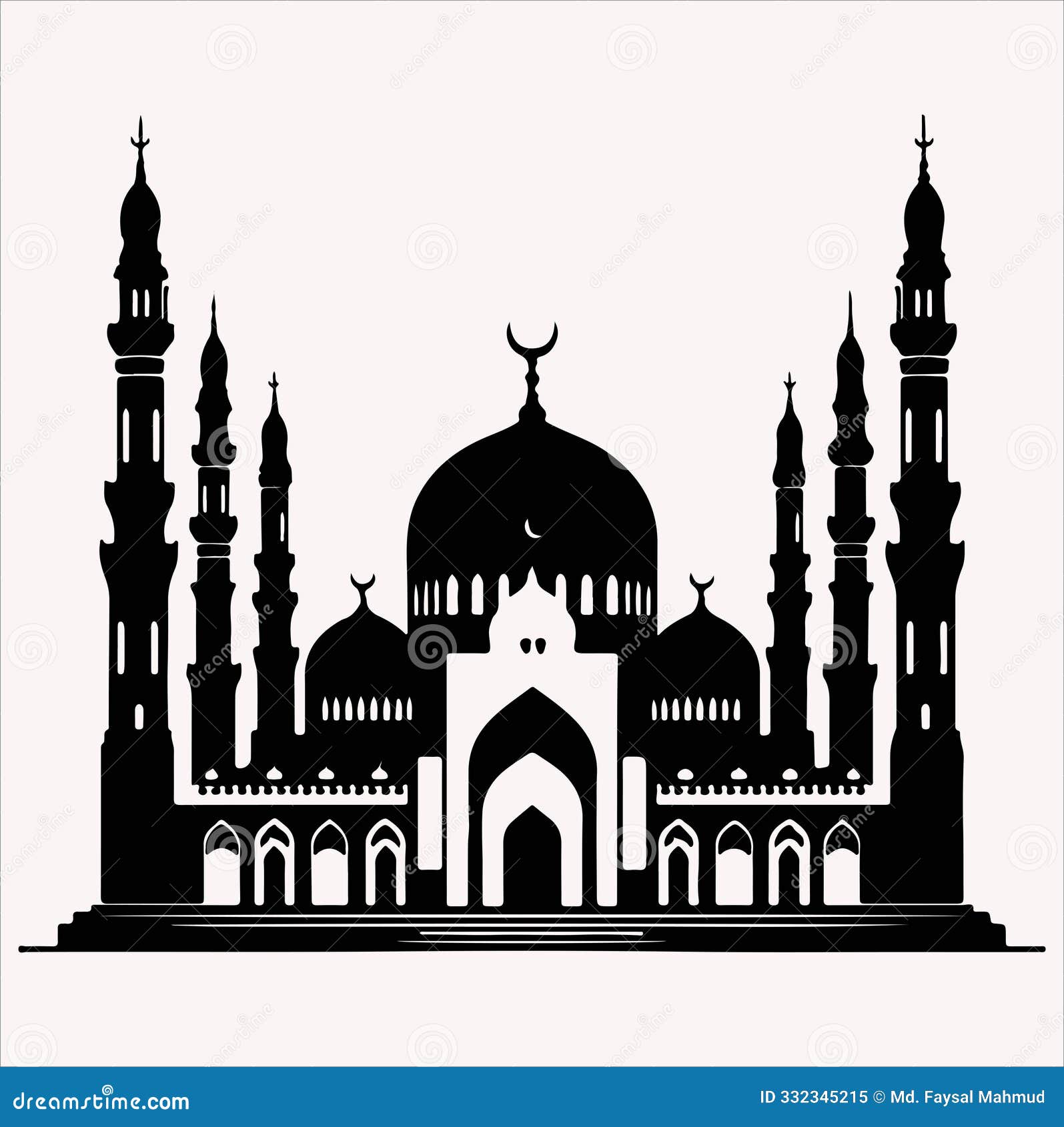 Minimal Mosque Vector Art Illustration, Silhouette On Black, White ...