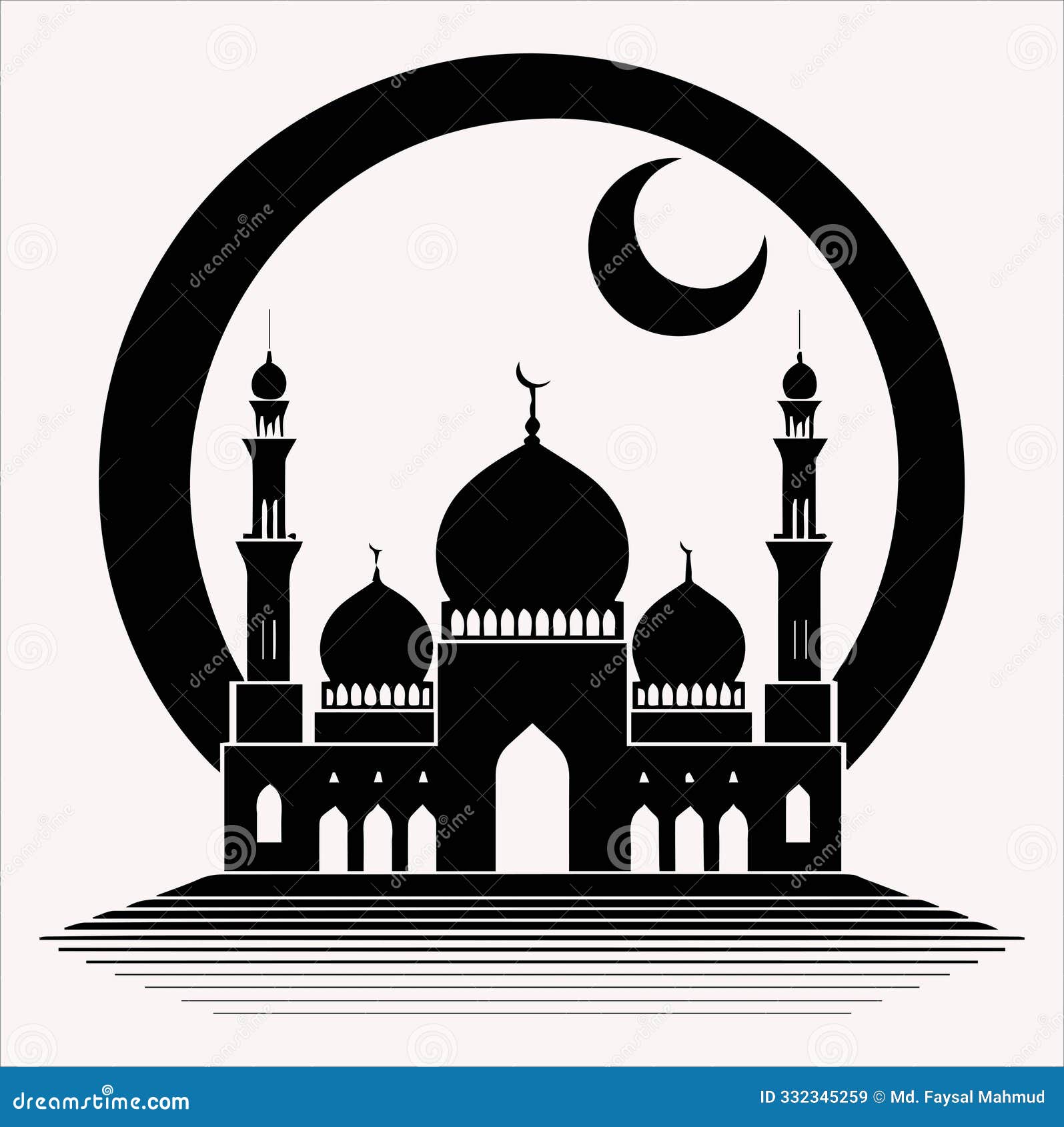 Minimal Mosque Vector Art Illustration, Silhouette On Black, White ...