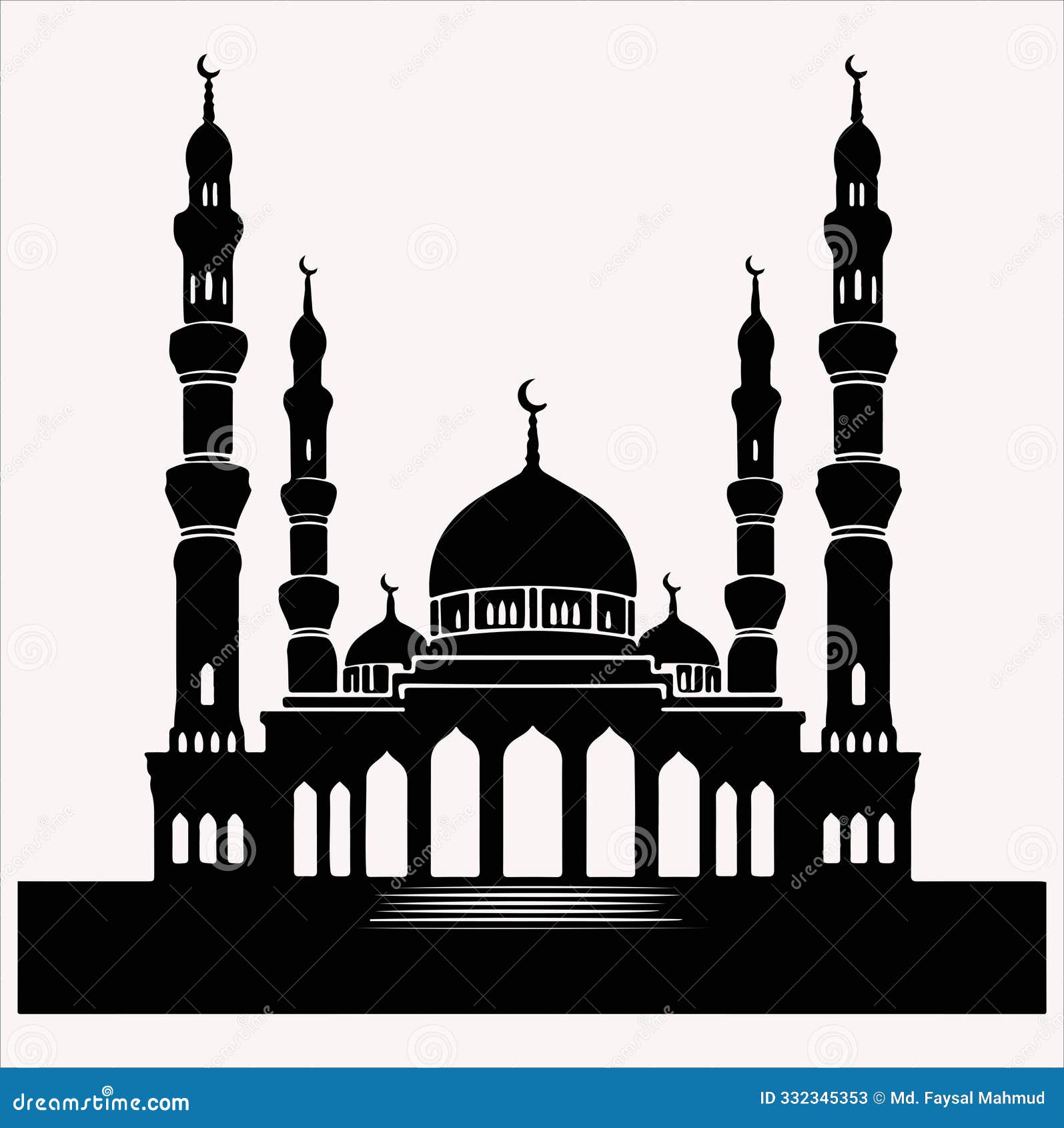 Minimal Mosque Vector Art Illustration, Silhouette On Black, White ...