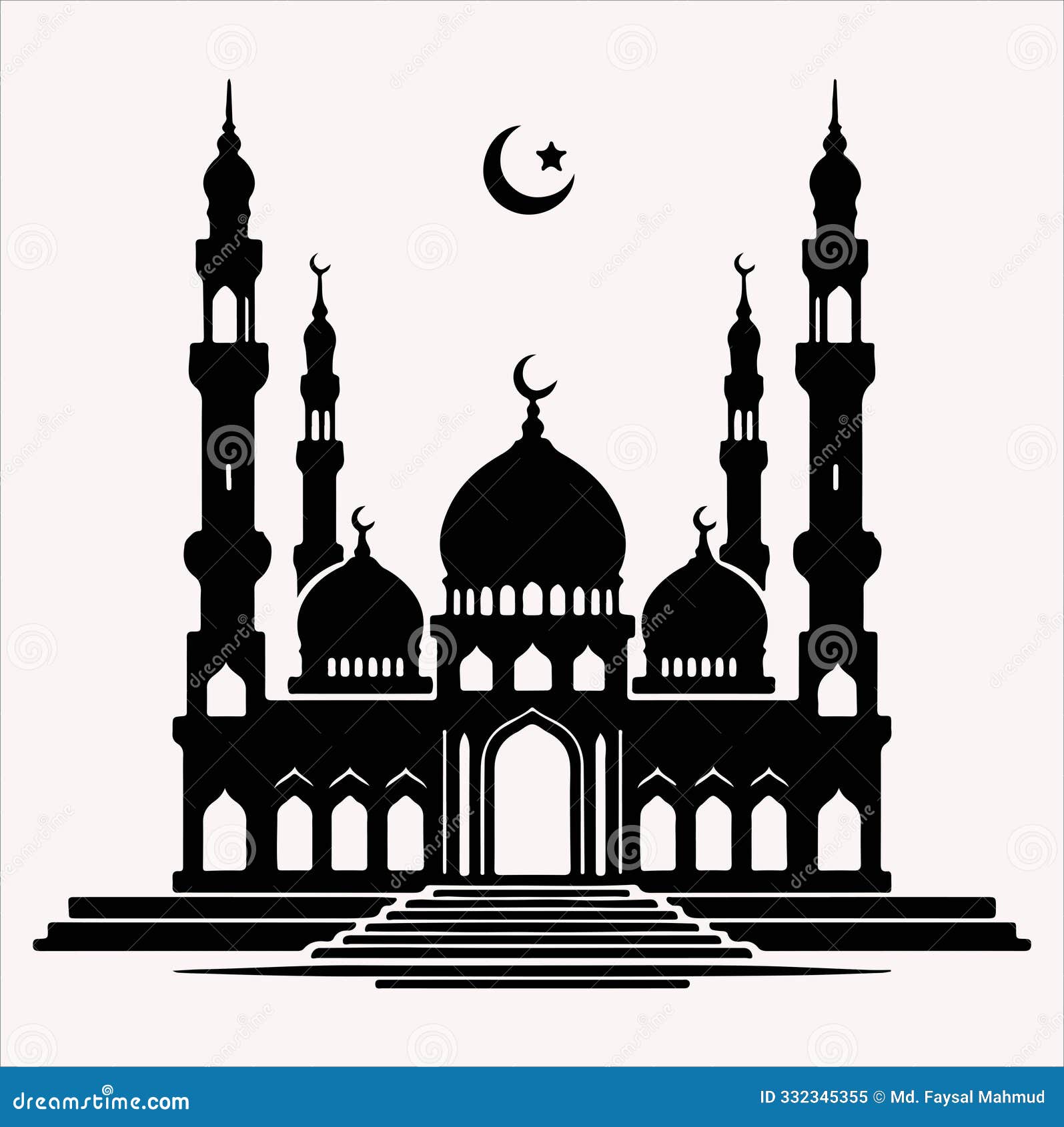 Minimal Mosque Vector Art Illustration, Silhouette On Black, White ...