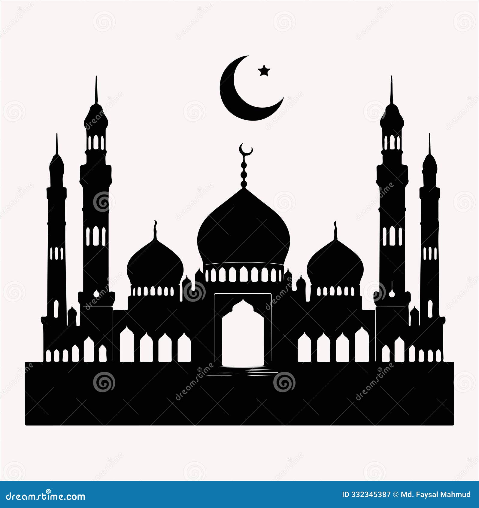 Minimal Mosque Vector Art Illustration, Silhouette On Black, White ...
