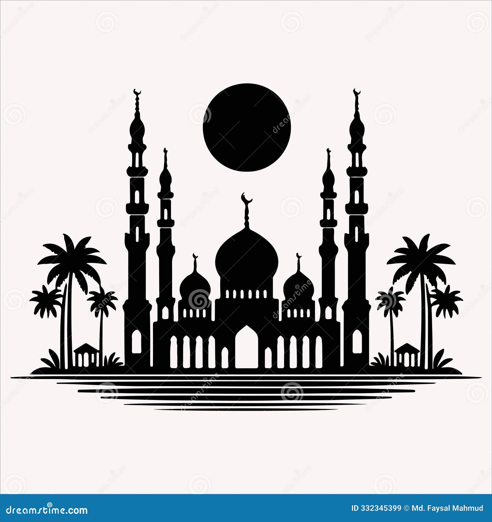 Minimal Mosque Vector Art Illustration, Silhouette On Black, White ...