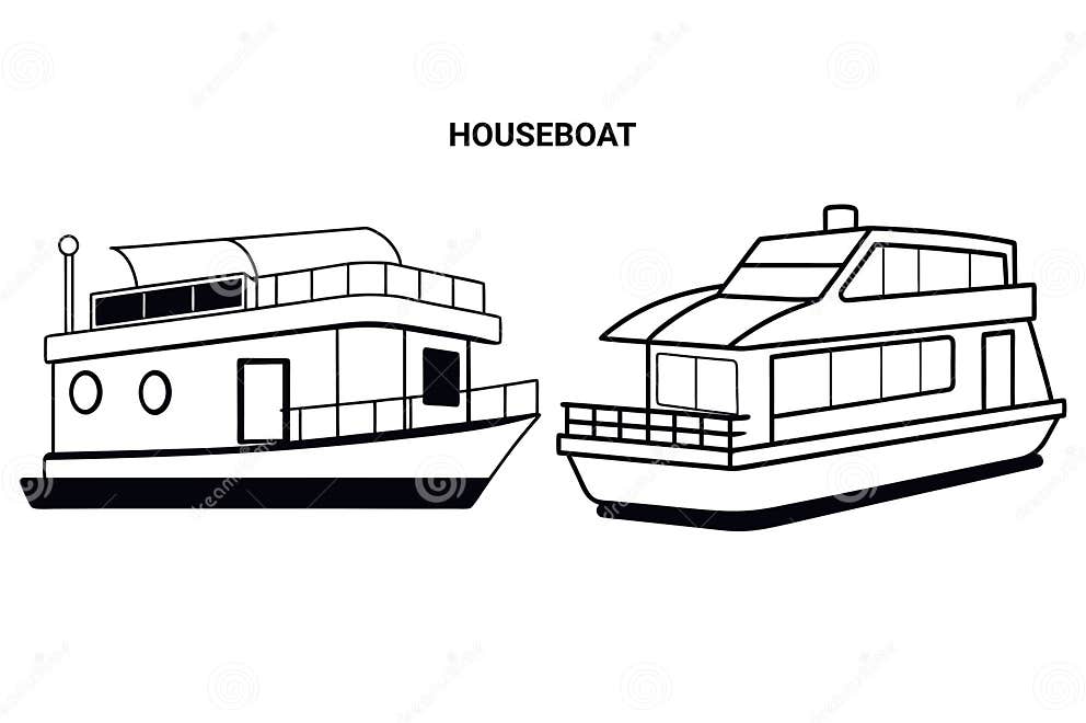 Vector Illustration of Isolated Houseboat Outline on White Background ...