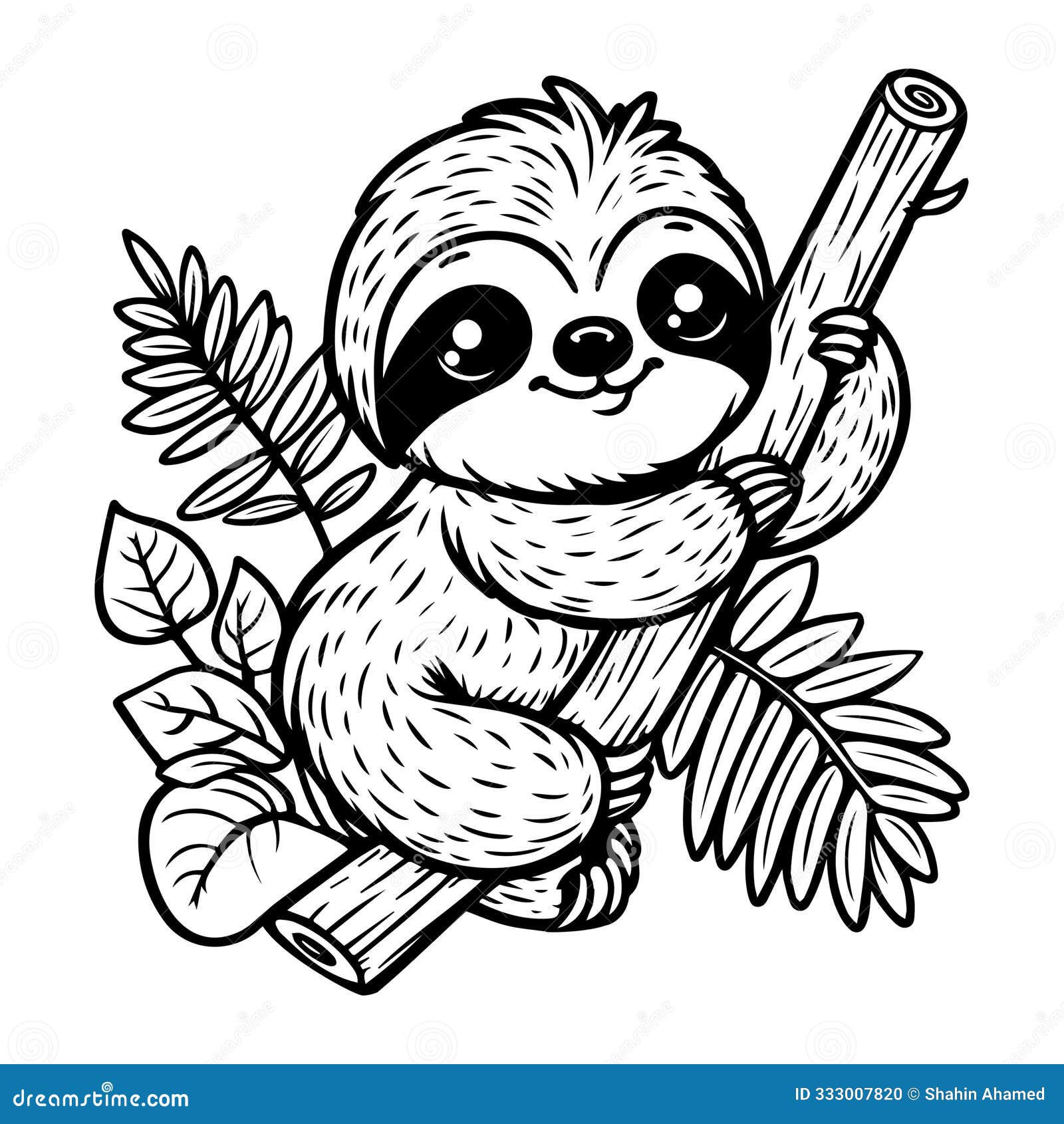 Cute Sloth Vector Art Outline Illustration Round Eyes Small Nose Stock ...
