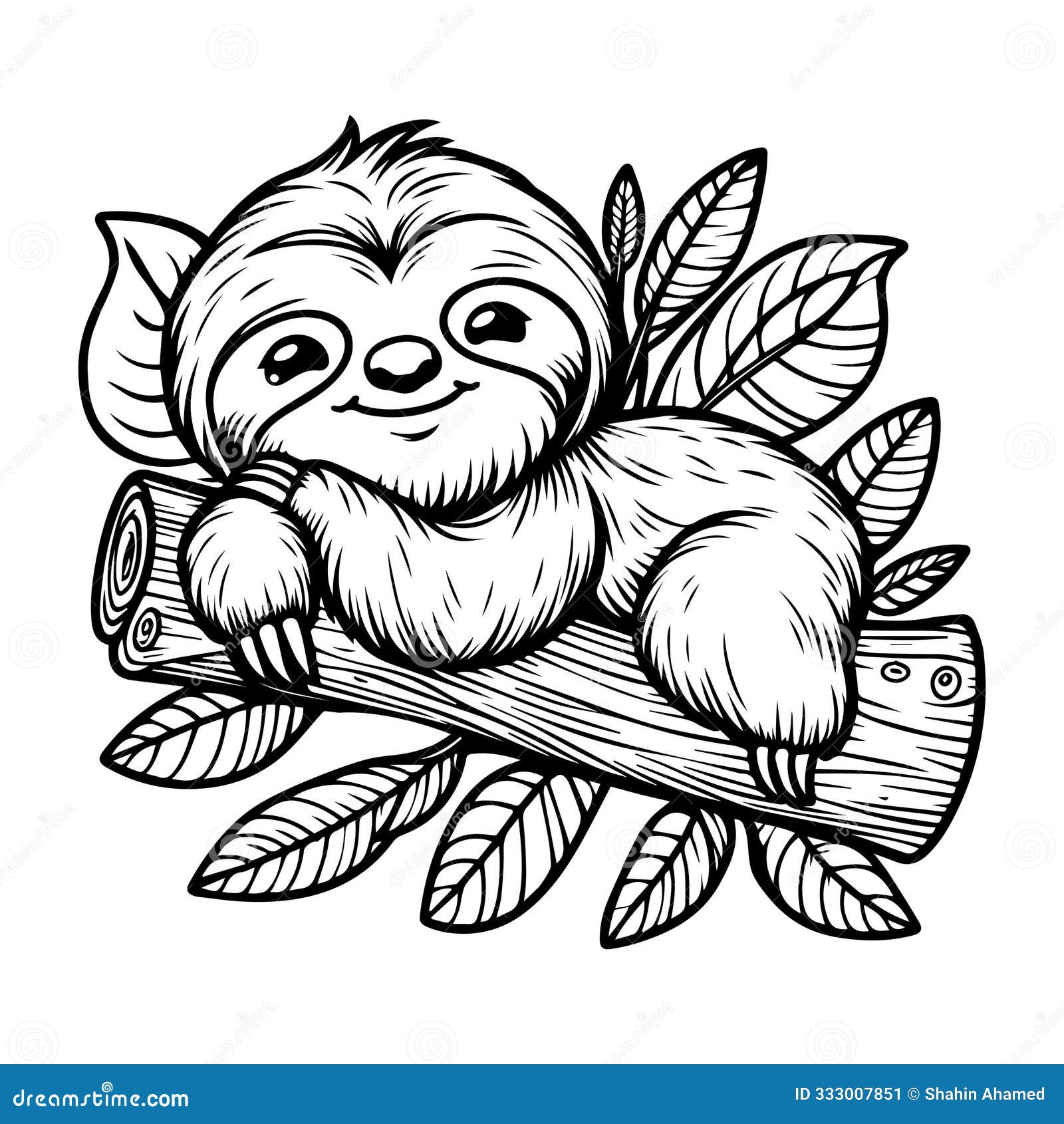 Cute Sloth Vector Art Outline Illustration Relaxed Smile Stock Vector ...