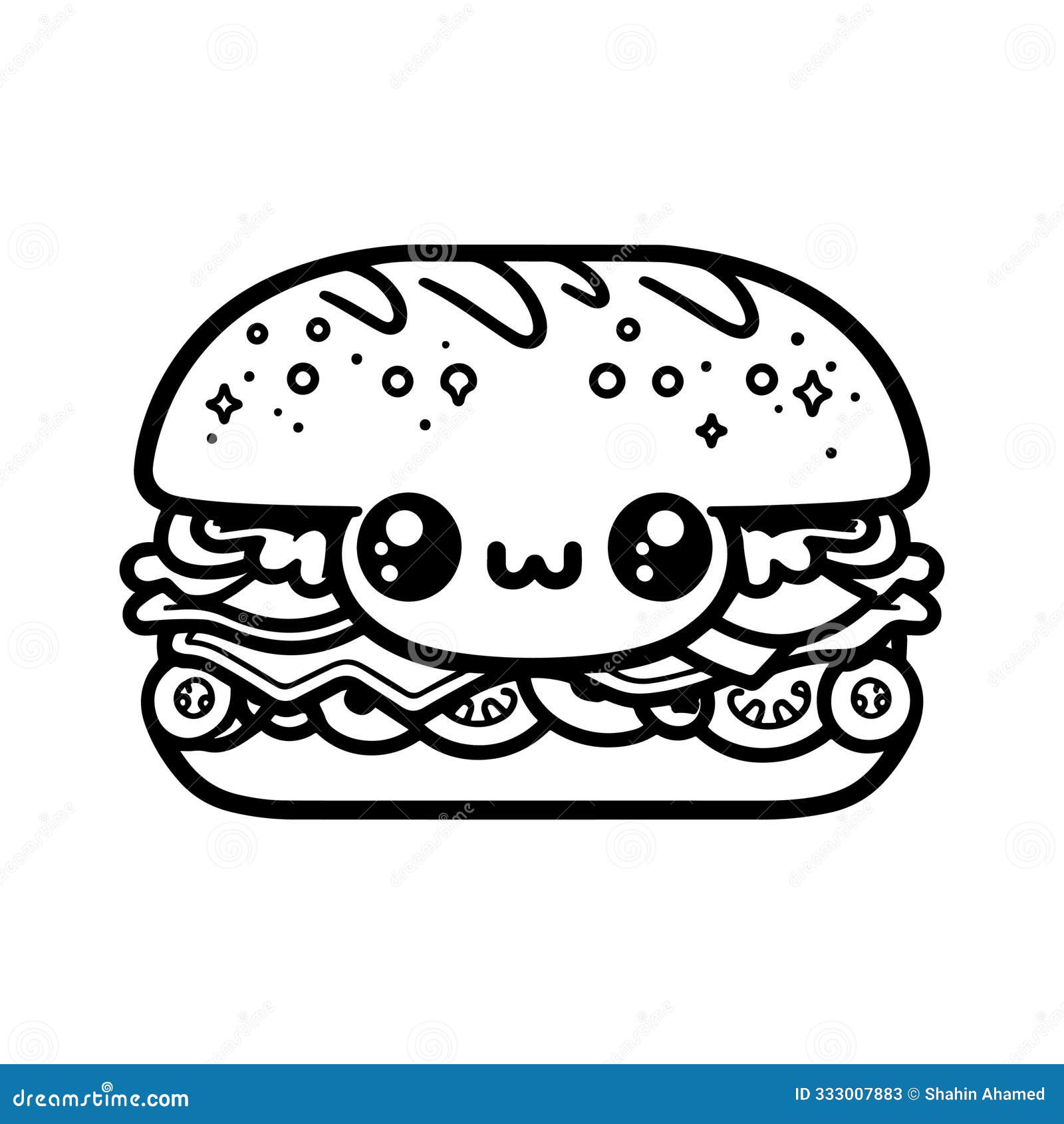 Cute Sub Sandwich Vector Art Outline Illustration Big Eyes Happy Face ...