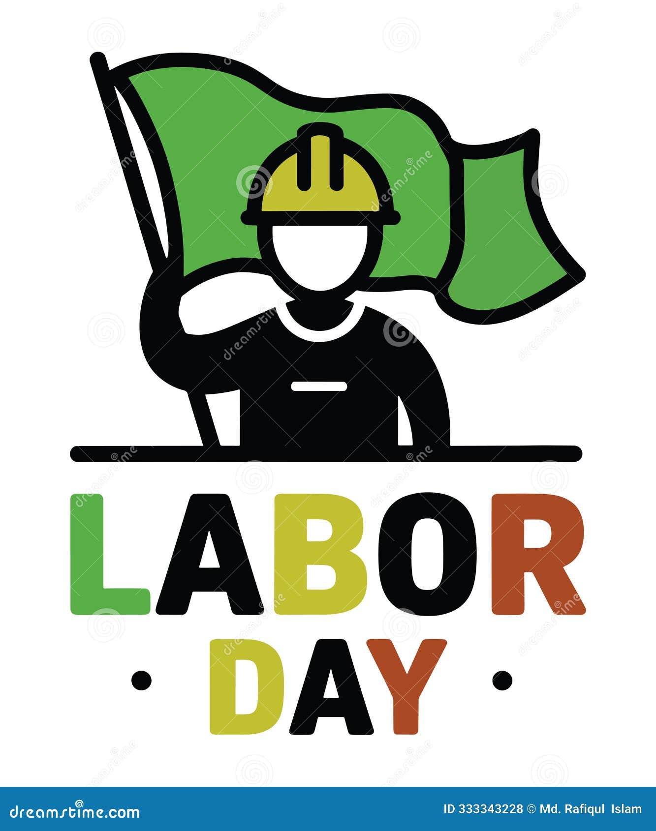 Labor Day Drawing Art Boy is Standing with Green Flag in His Hand ...