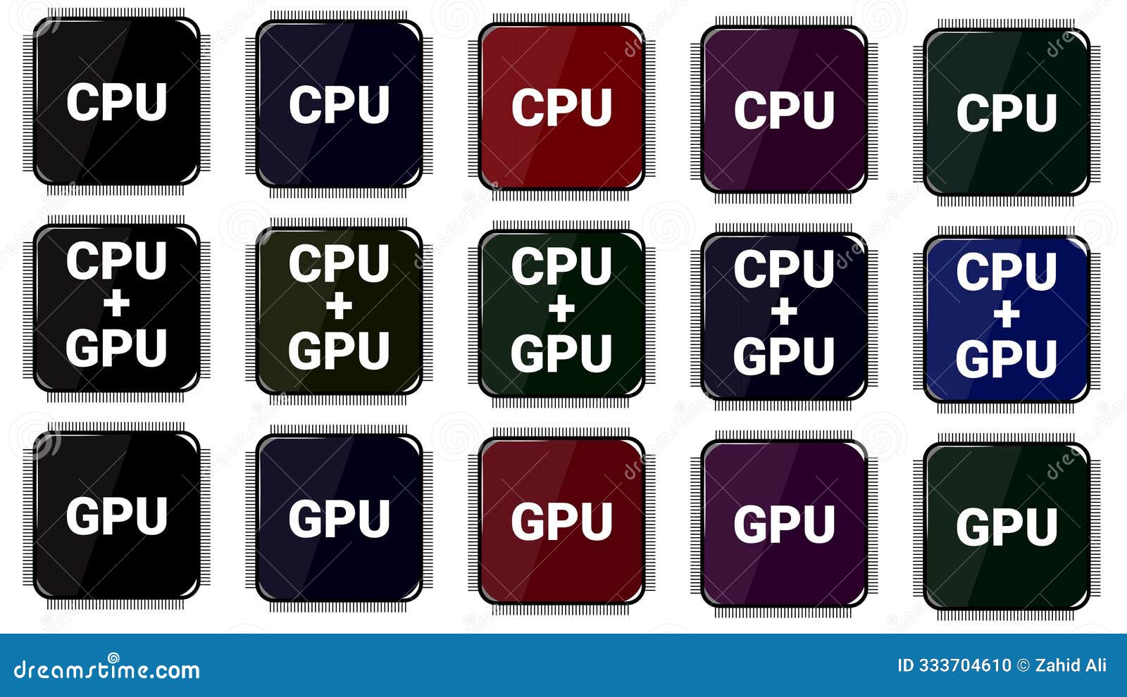 CPU + GPU Chips Set of 15. Colorful Chips Isolated on Transparent White ...