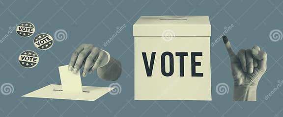 Electoral Vote Collage, Hand Gesture Voting into Ballot Box, Ink on ...