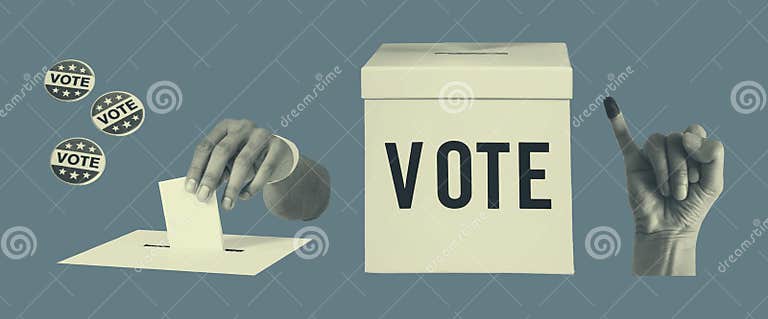 Electoral Vote Collage, Hand Gesture Voting into Ballot Box, Ink on ...