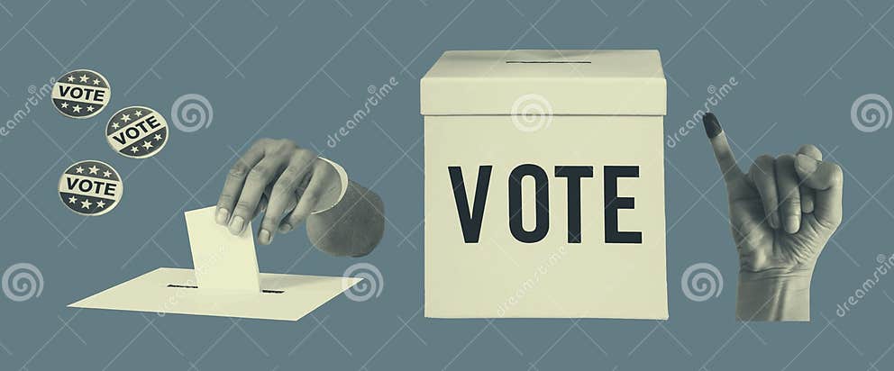 Electoral Vote Collage, Hand Gesture Voting into Ballot Box, Ink on ...
